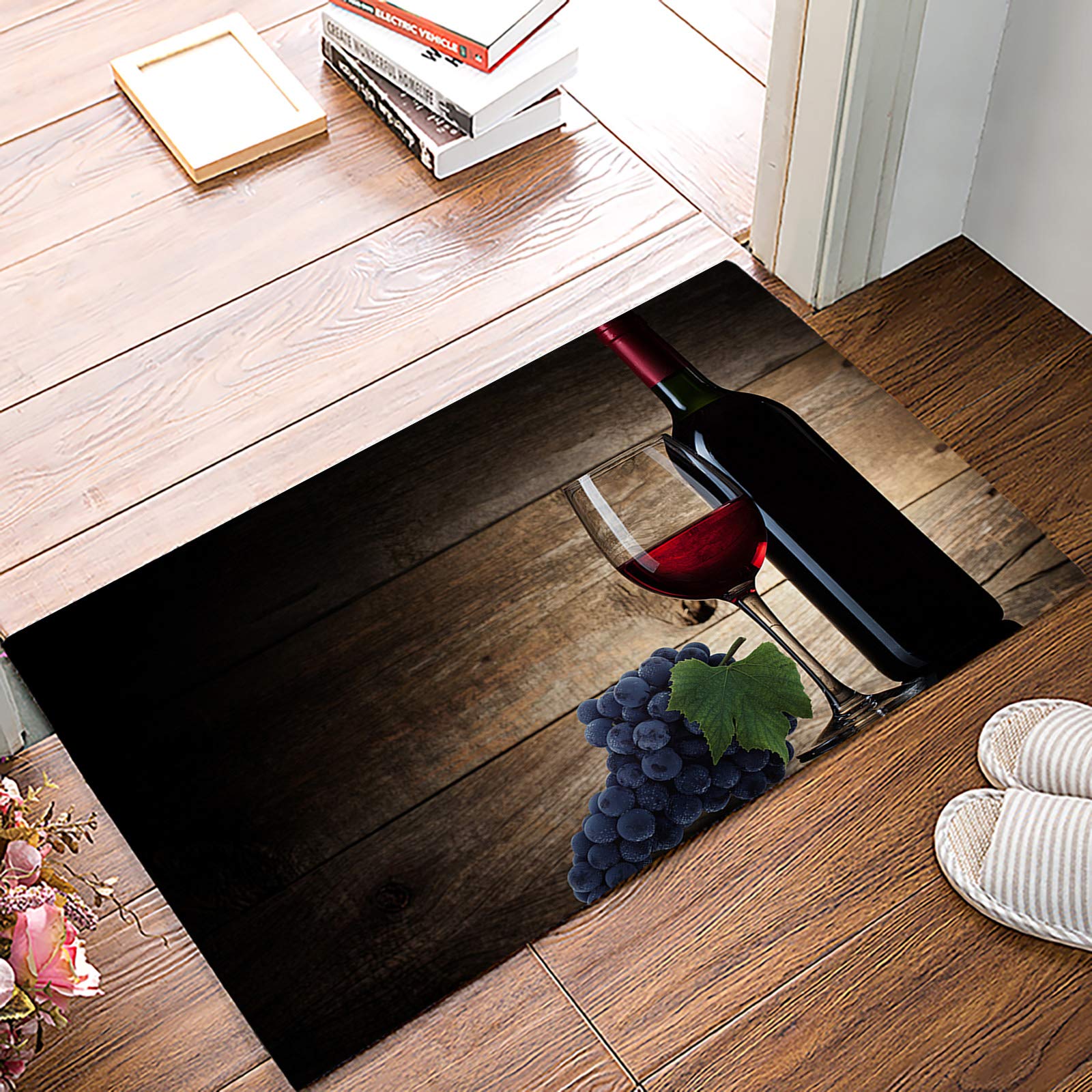 Red Wine Bottle Glass and Grapes on Wood Plank, Bathroom Shower Mat Doormat Non Slip,Floor Rug Absorbent Carpets Floor Mat Home Decor for Kitchen Bedroom Rug, 16"X 24"