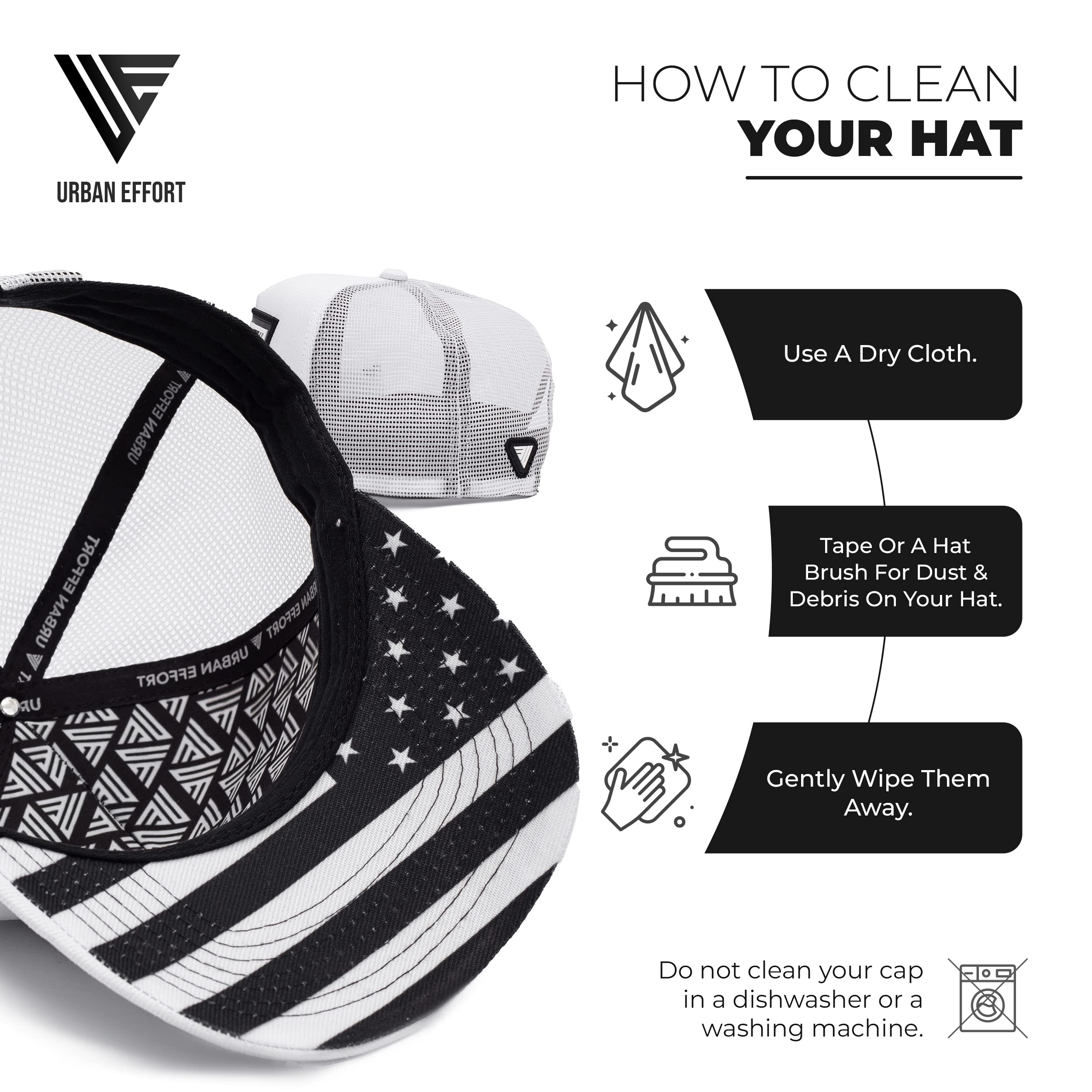 Urban Effort Snapback Trucker Hat | Breathable Mesh Baseball Cap for Men & Women Adjustable Fit American Flag Hat for Casual (White)