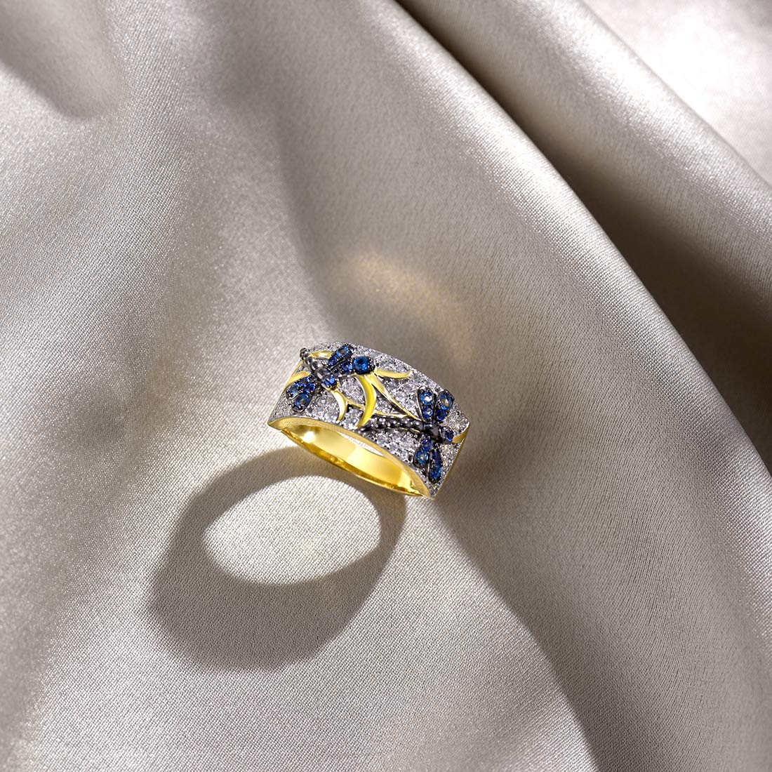 Santuzza 14K Gold Plated Dragonfly Ring Cubic Zirconia Blue Spinel 925 Sterling Silver Ring for Women (6.5)