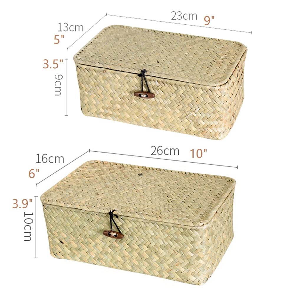 Shelf Storage Baskets with Lid Set of 2 Handwoven Rectangular Box with Cover Household Organizer Seagrass Woven Storage Bins Wicker Basket for Shelf (Natural)