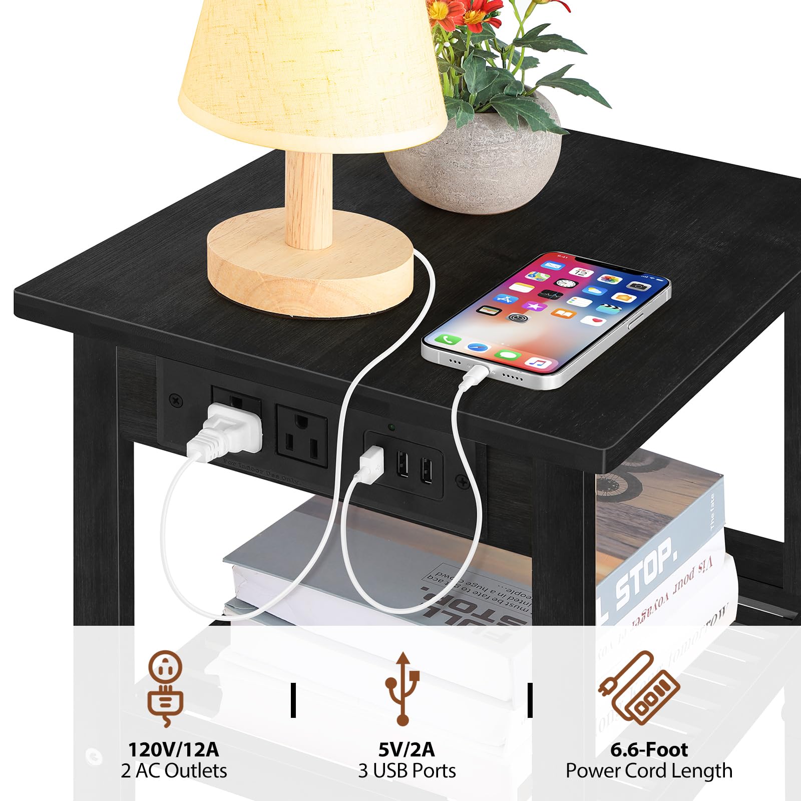 melos End Table with Charging Station, 3 Tier Bamboo Nightstands Set of 2, Bedside Table with USB Ports and Outlets, End Table Side Table for Bedroom, Living Room, Nursery, Rustic Farmhouse White