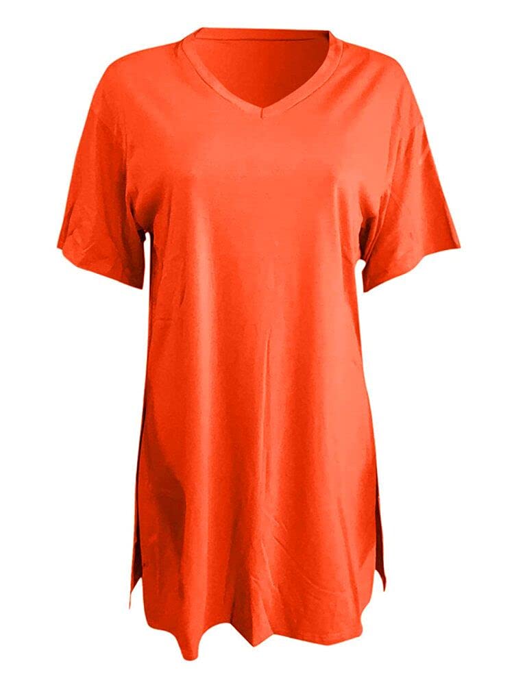 qfmqkpi Ladies Oversized Two Piece Outfits Dropped Shoulder Short Sleeve Side Slit T-Shirt Tight Pants Sweatsuits Orange XXL