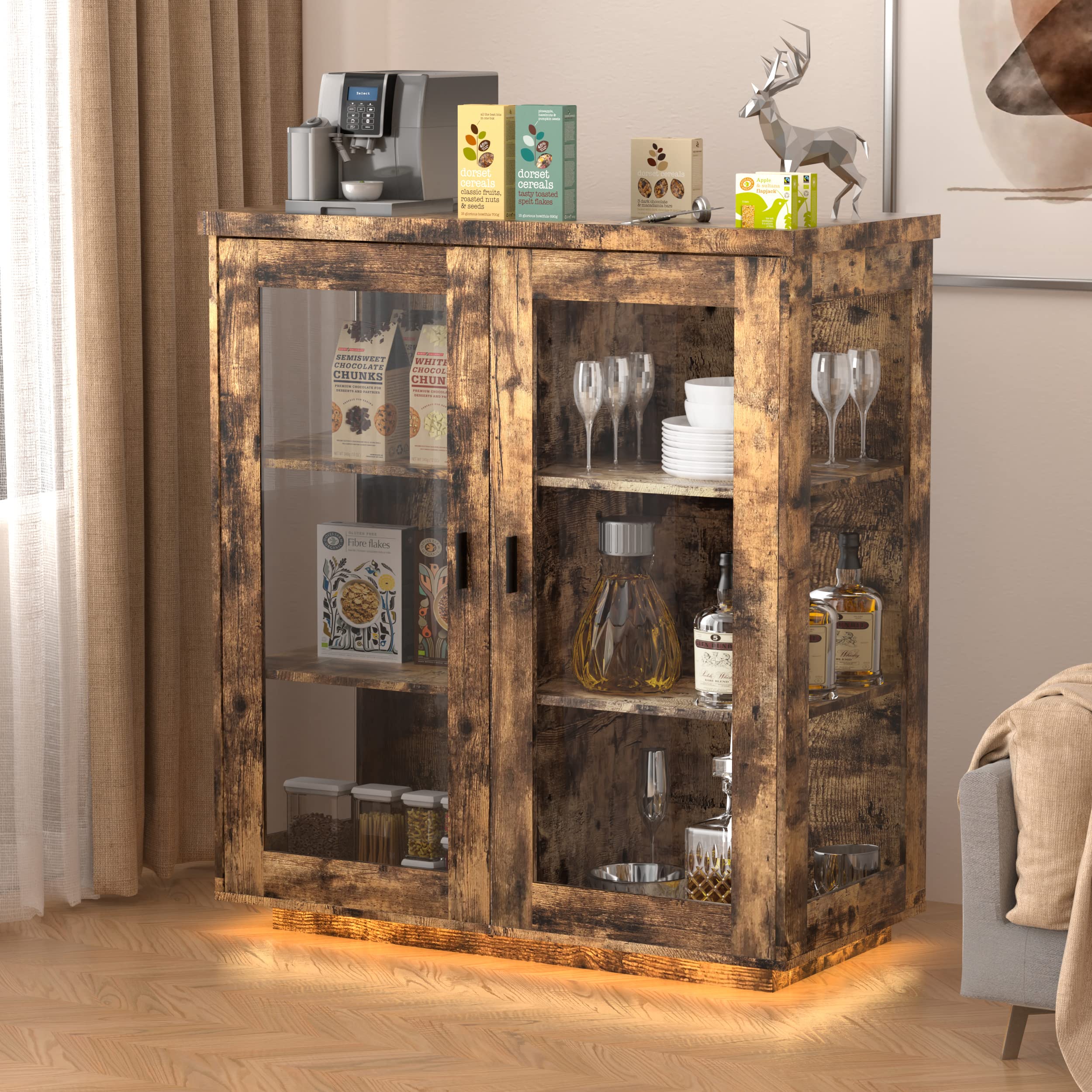 PAKASEPT 37'' Storage Cabinet,Cube Bookshelf Bookcase Display Buffet Accent Cabinet with Shelves and Glass Doors Organizer 3 Tiers Curio Cabinet for Kitchen,Living Room,Brown