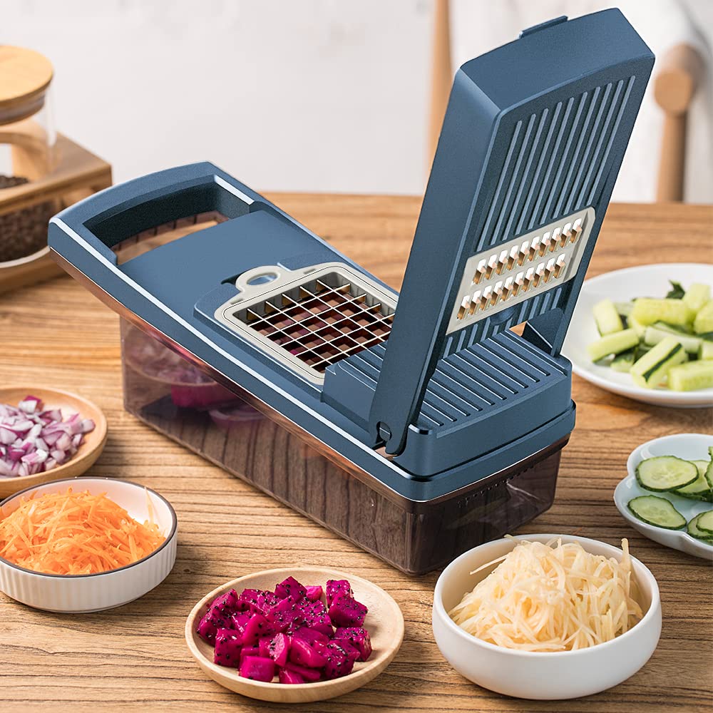 OuYteu Vegetable Chopper Dicer Onion Chopper, 15 in 1 Food Chopper Fruits Cutter with 7 Stainless Steel Blades, Adjustable Slicer, Vegetable Cutter with Drain Rack Storage Container, Kitchen Gadget