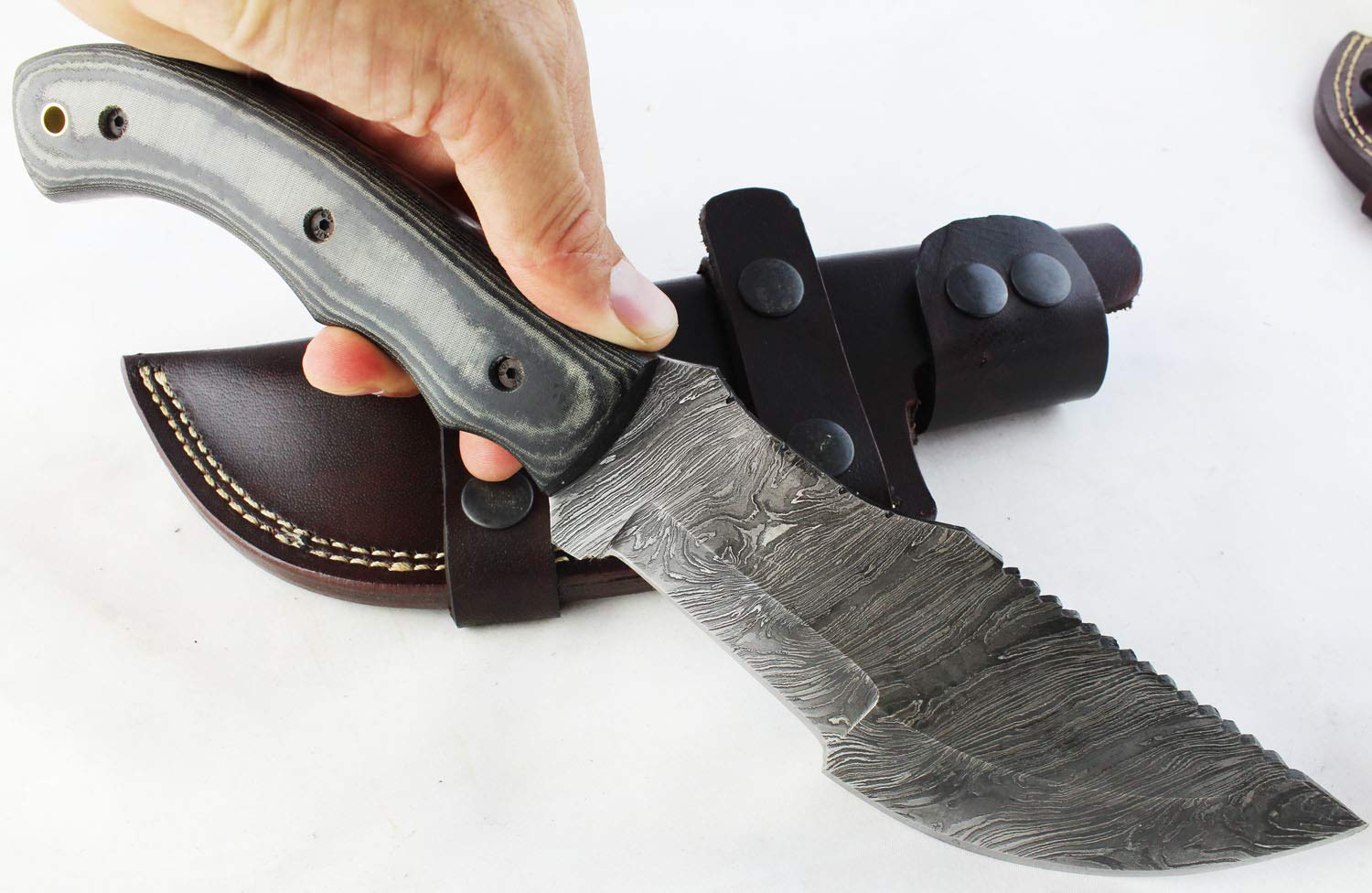 Moorhaus 15.5" Damascus Steel Tracker with micarta Handle Knife - includes leather sheath - special promotional pricing.