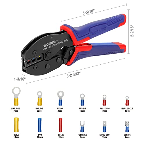 WORKPRO Crimping Tool Kit, Ratcheting Insulated Terminal Crimper for 22 to 10 AWG Wire, Crimping Pliers with 100 Pieces Terminal Connectors