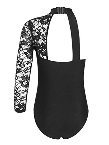 TiaoBug Girls Open Back Long Sleeve Gymnastics Leotard Off-Shoulder Turtle Neck Ballet Dance Leotard Bodysuit Activewear Black B 6