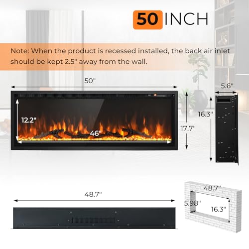 ORALNER Electric Fireplace Insert 50 Inch Wide, Recessed & Wall-Mounted Fireplace Heater with Thermostat, 9 Flame Colors & 5 Adjustable Brightness, Remote Control & 8H Timer, 750W/1500W (50 Inches)