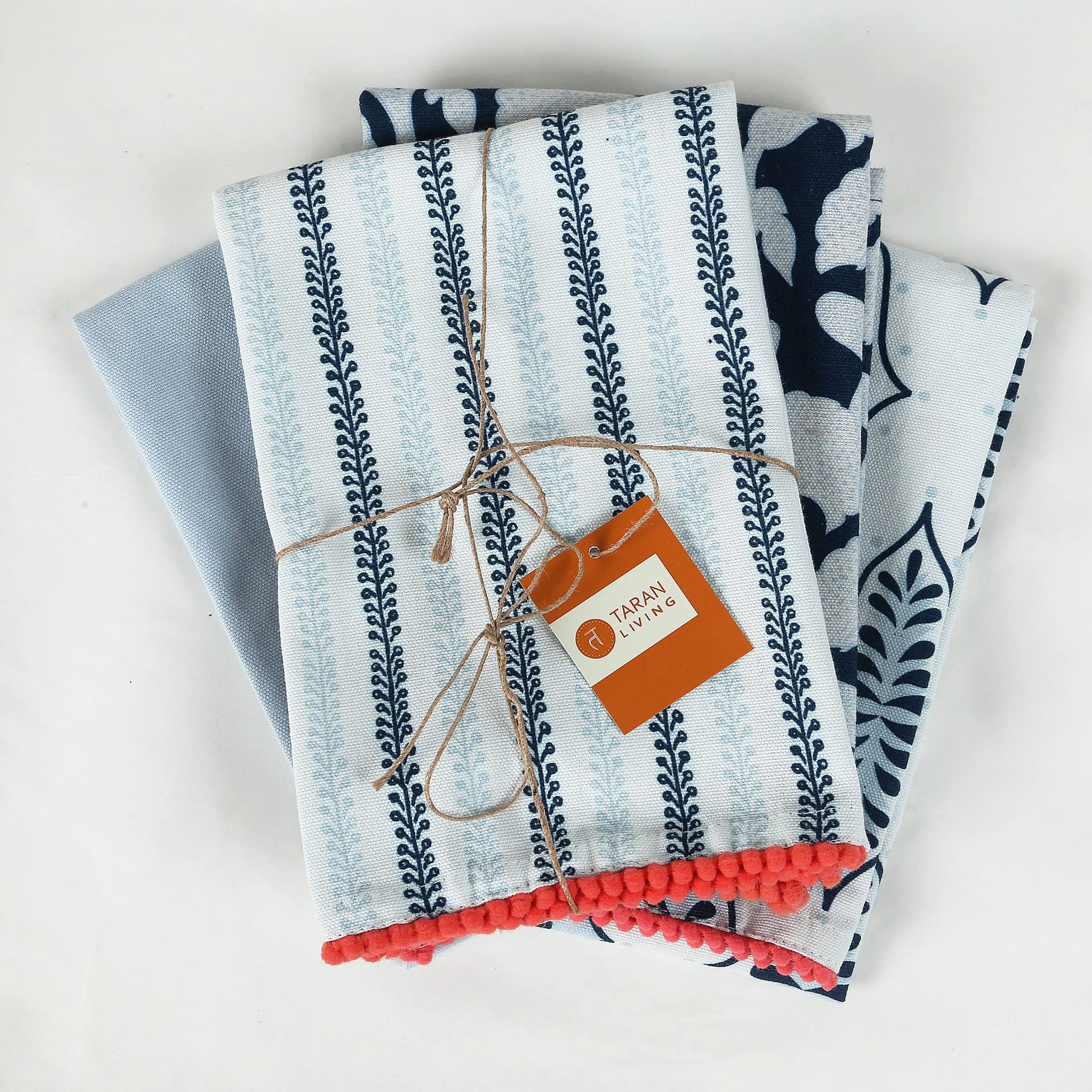 TARAN LIVING Amalfi Kitchen Towels Cotton with Trims Oversized Tea Towel Easter Table Decortaion Kitchen Decor Bar Mop Cotton Dish Towels Cloth - Blue & White - Set of 4-18x28 inches