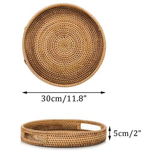 Sziqiqi Rattan Serving Tray Round Woven Decorative Tray for Coffee Table with Handles Display Storage Basket Trays for Fruit Food Drinks Snack Wicker Boho Ottoman Platter