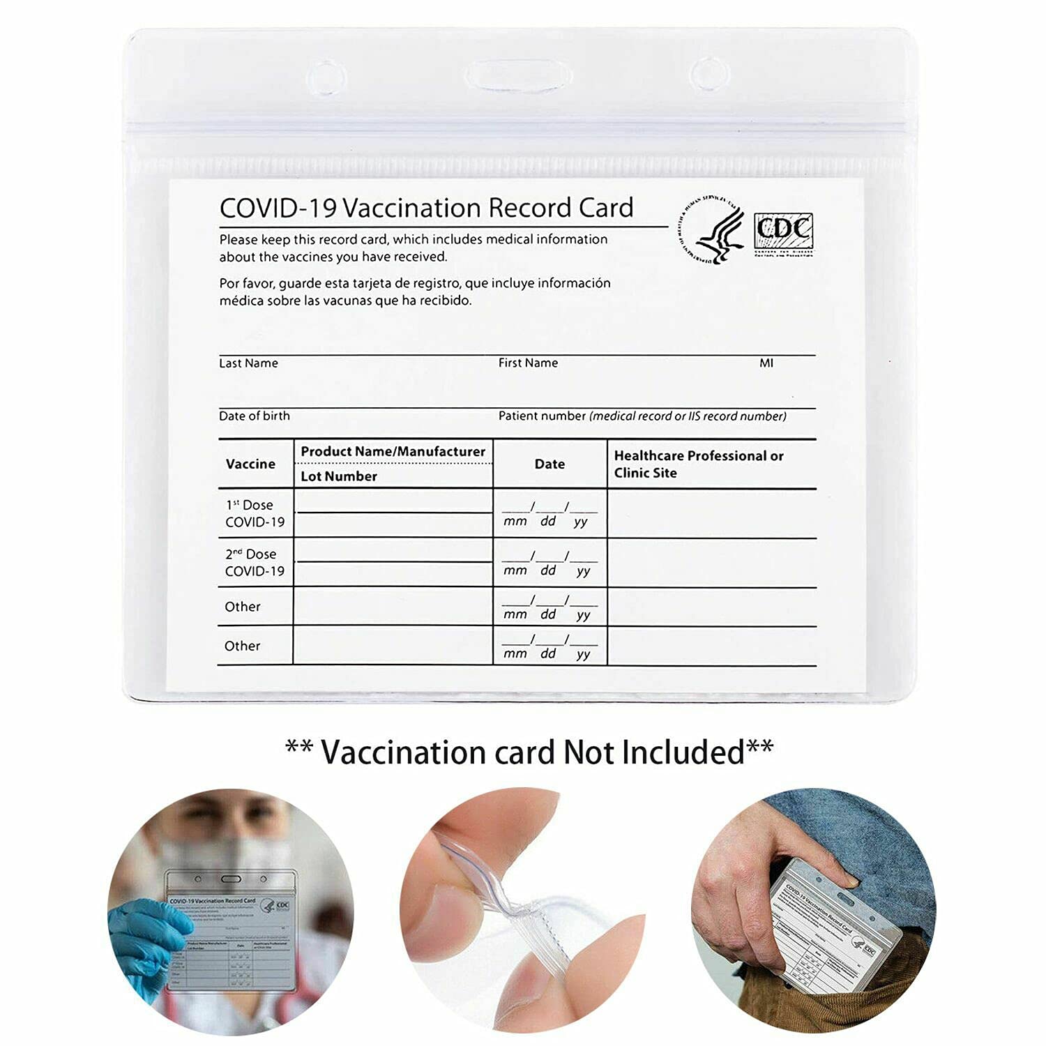 qlofy 2pcs Clear Plastic PVC CDC Record Card Protector 4x3 inch Vax Card Holder Horizontal Badge ID Card Name Case Waterproof