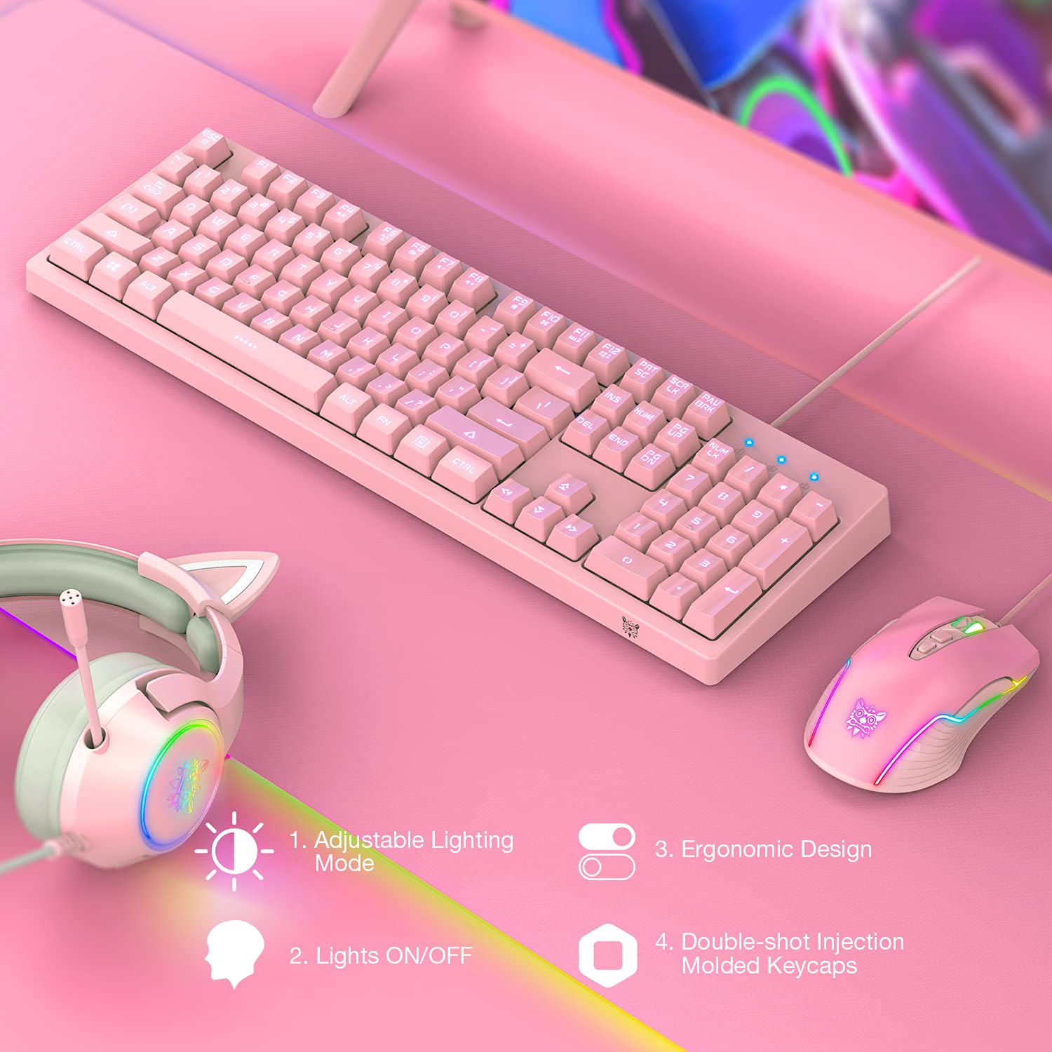 SIMGAL Pink Wired Gaming Keyboard and Mouse Combo, 3-Color LED Backlit Gaming Keyboard and RGB Mouse with 6 Adjustable DPI for PC/Laptop/Win7/Win8/Win10