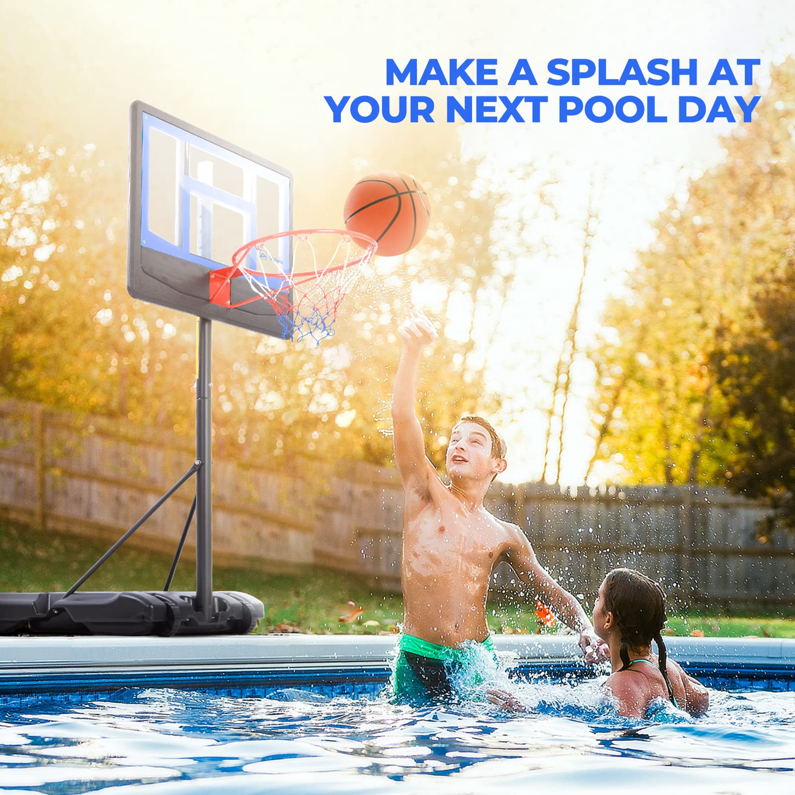 Valwix Swimming Pool Basketball Hoop with Base 47''-59'' Adjustable Height Poolside Basketball Hoop for Pool with 2 Balls and Pump