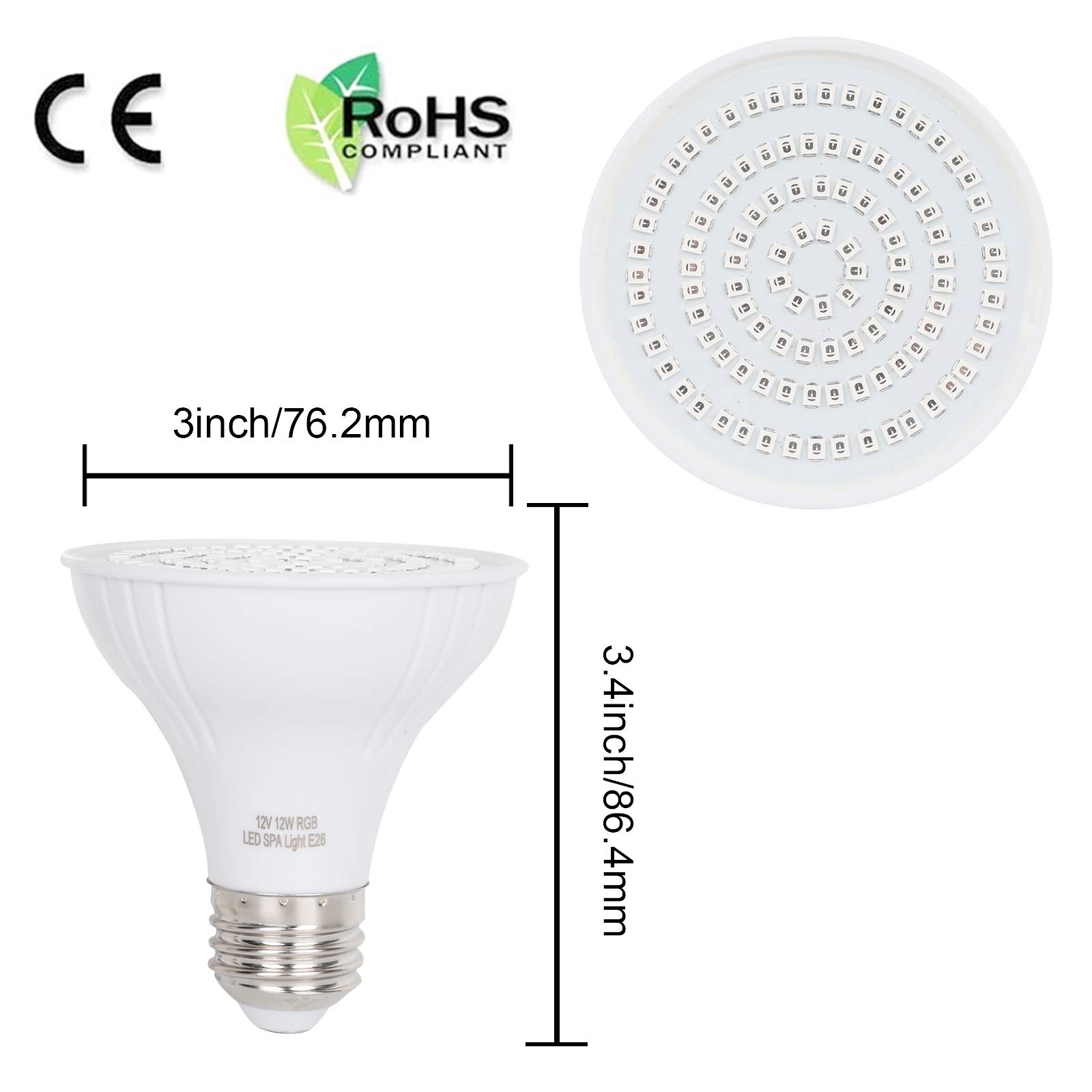 XIUBE SPA LED Light Bulb for In-ground SPA Underwater Swimming Pool RGB Color PAR20 LED Light Bulb E26 Base Replacement for Light Fixtures Remote Switch Control, 12V-12W-RGB LED SPA Light, 12V RGB