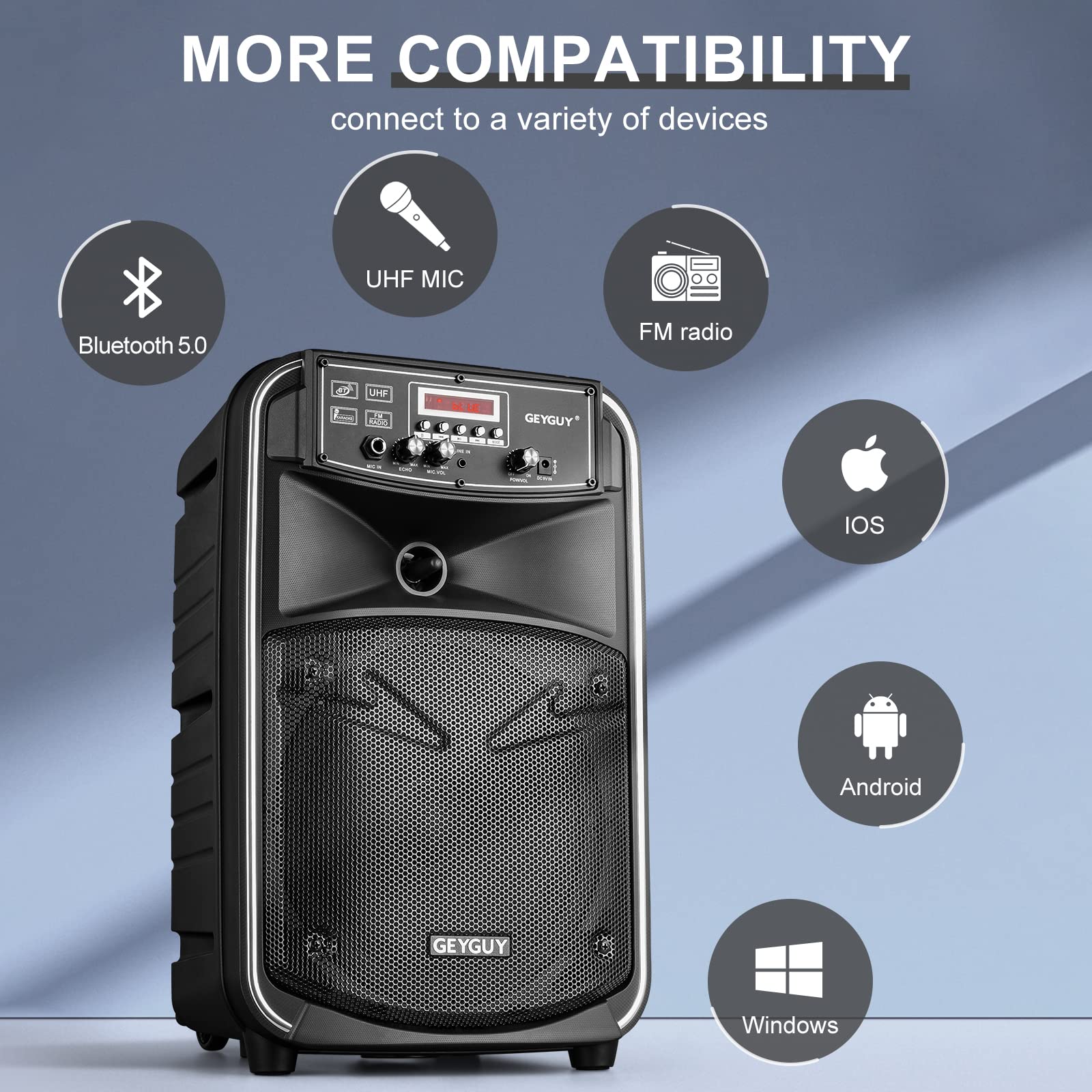 Portable Bluetooth PA System with Wireless UHF Microphone, 8 inch Rechargeable Karaoke Machine,8 inch Subwoofer,FM/LED/TWS/LINE in (GTSK8-2)