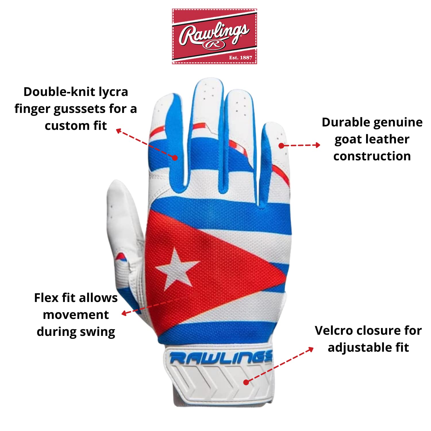 Rawlings 5150 Flag Country Batting Gloves Limited Edition Adult, Cuba, Small