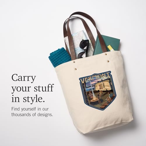 Vermont, Retro Camper and Lake, Contour (Canvas Deluxe Tote Bag, Faux Leather Handles & Zip Pocket)