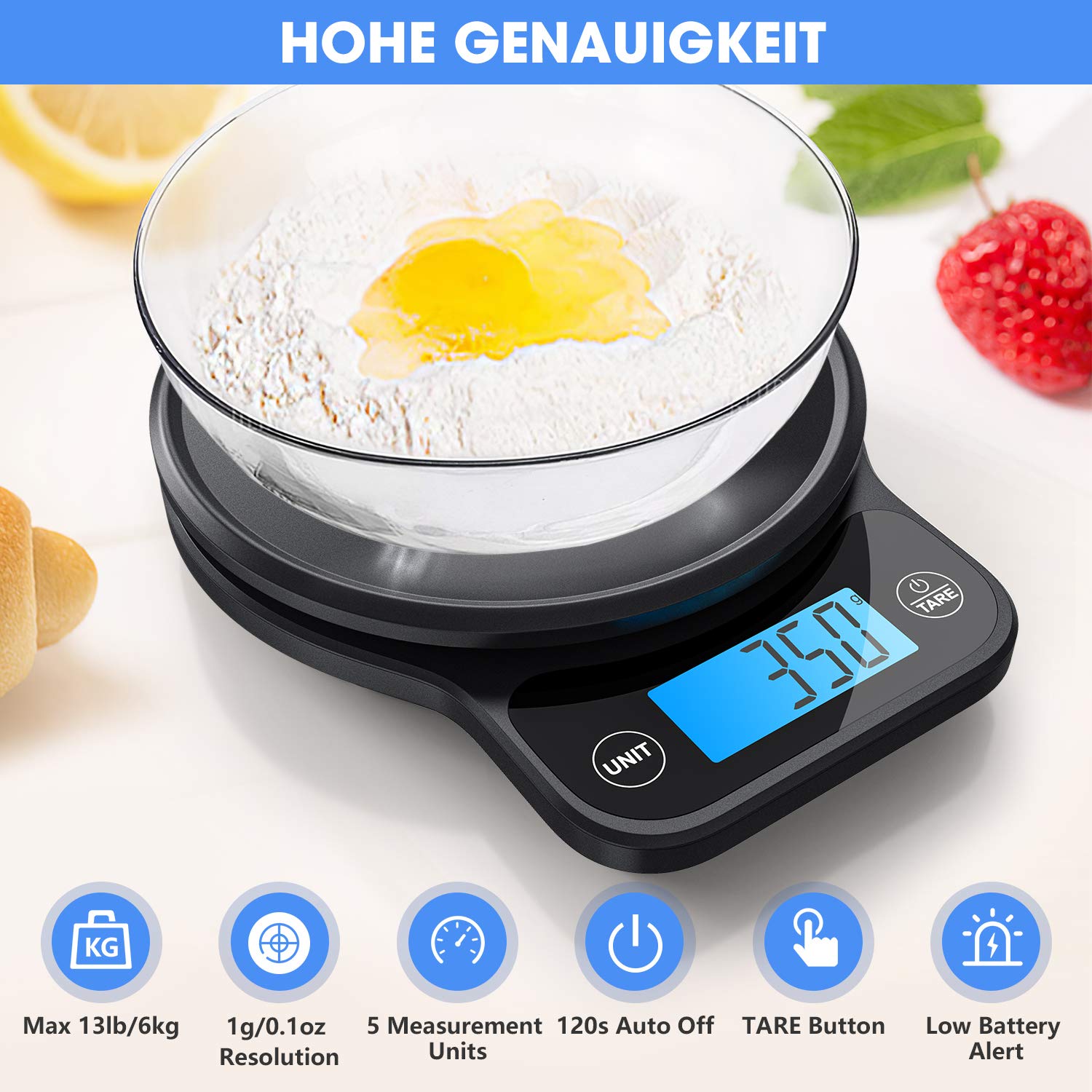 Nicewell Kitchen Scale, High Accurate Digital Food Scale for Weigh Loss, Measures in Grams and Ounces for Cooking Baking, 6kg/13lbs Max, with Pastry Mat