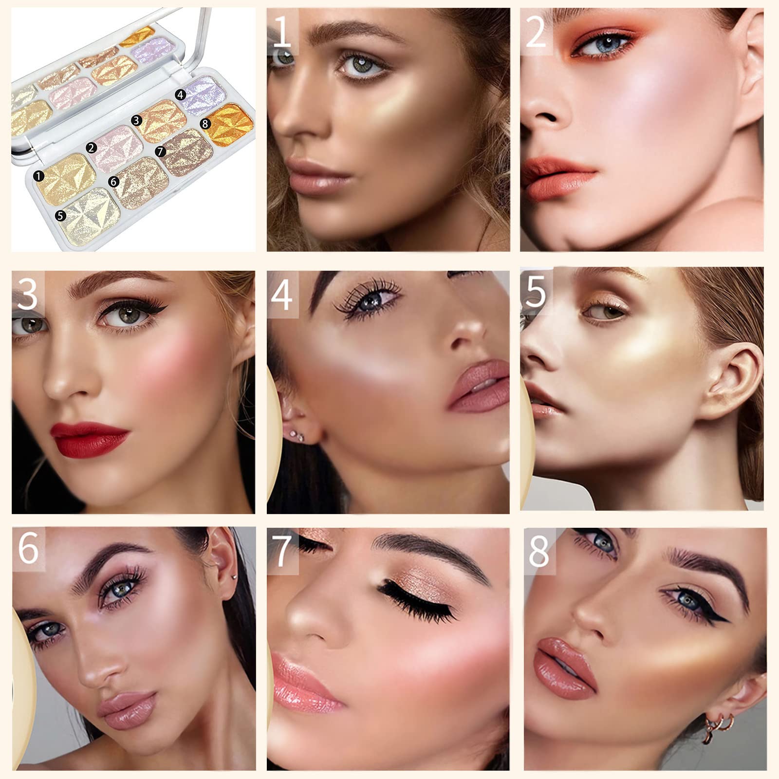 SUMEITANG 8 Colors Face Highlighter Makeup Palette,Shimmer Glitter Multichrome Highlight Powder,All Sparkling Shades Can Be layered or Worn Individually to Enhance and Brighten Your Face Features