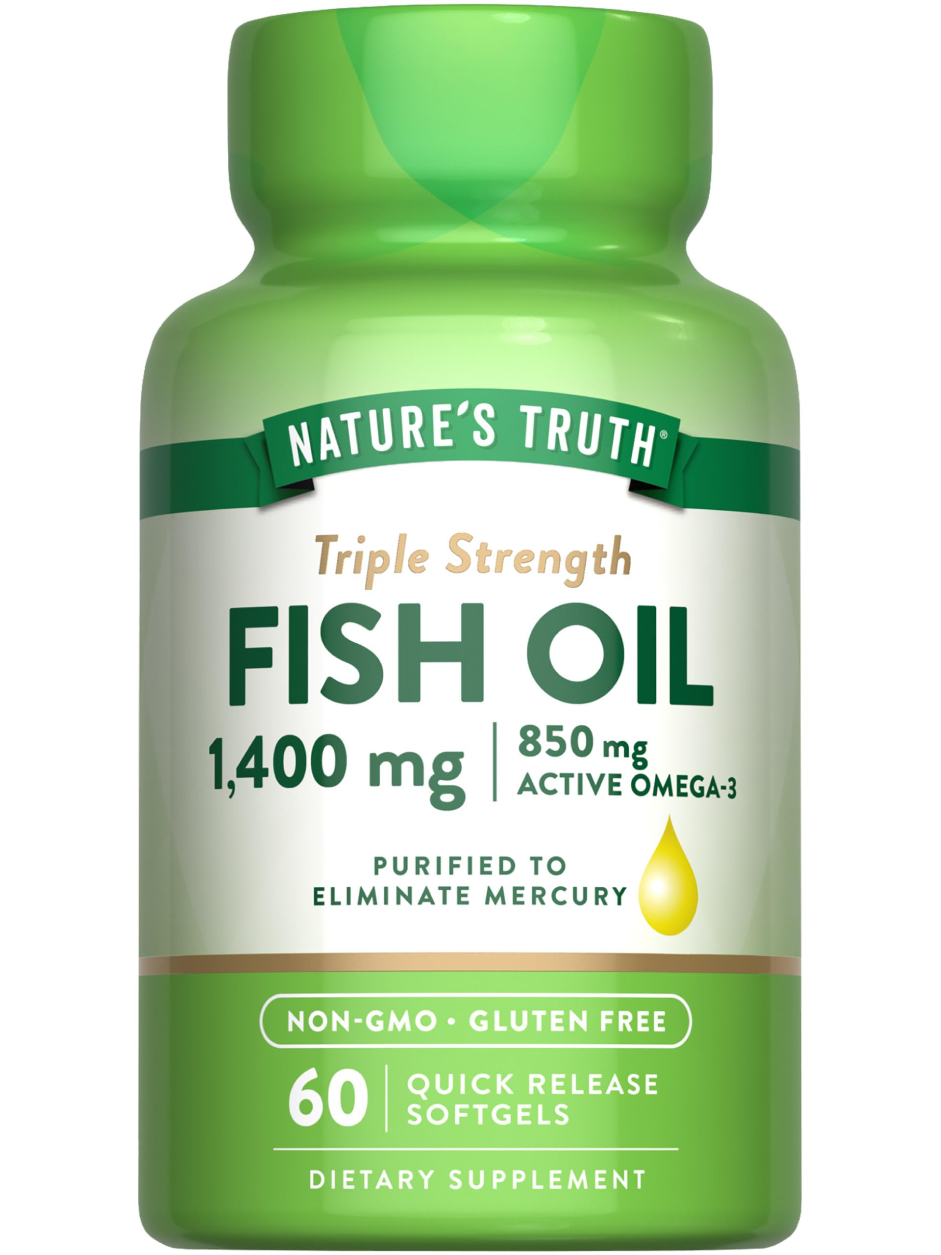 Nature's Truth Triple Strength Fish Oil Softgels | 1400 mg | 60 Count | Active Omega 3 | Non-GMO & Gluten Free Supplement