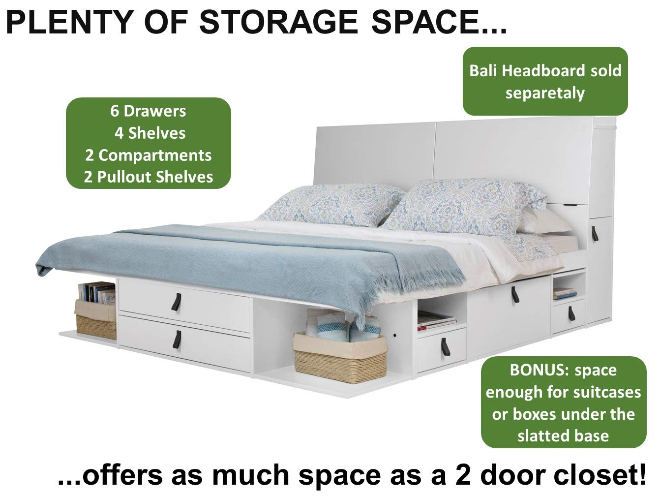 memomad Bali Storage Platform Bed with Drawers (Queen Size, Off White)