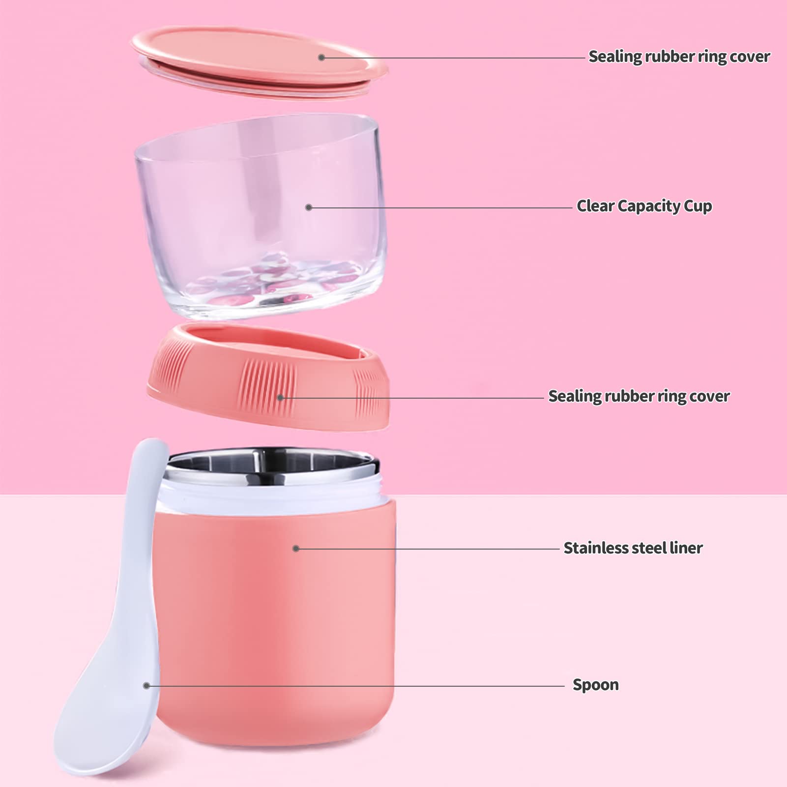 Yogurt Container with Lid and Spoon 2-Tier Cereal Cup,430 ml + 330 ml Cereal Cup Portable Leak-Proof Insulated Food Container Overnight Oats Containers Cereal Milk Cold Hot Food for Kids Adults