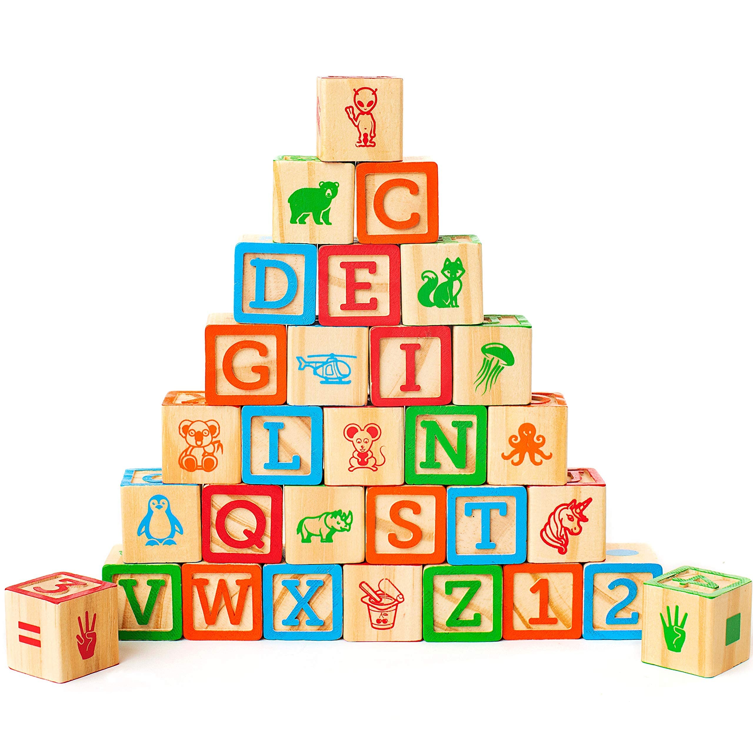 Oaktown Supply Building Blocks for Toddlers 1-3 Years Old, 30 Large Stackable Wooden Baby Blocks with Alphabet and Number Icons on Every Side, Toy Wagon Included