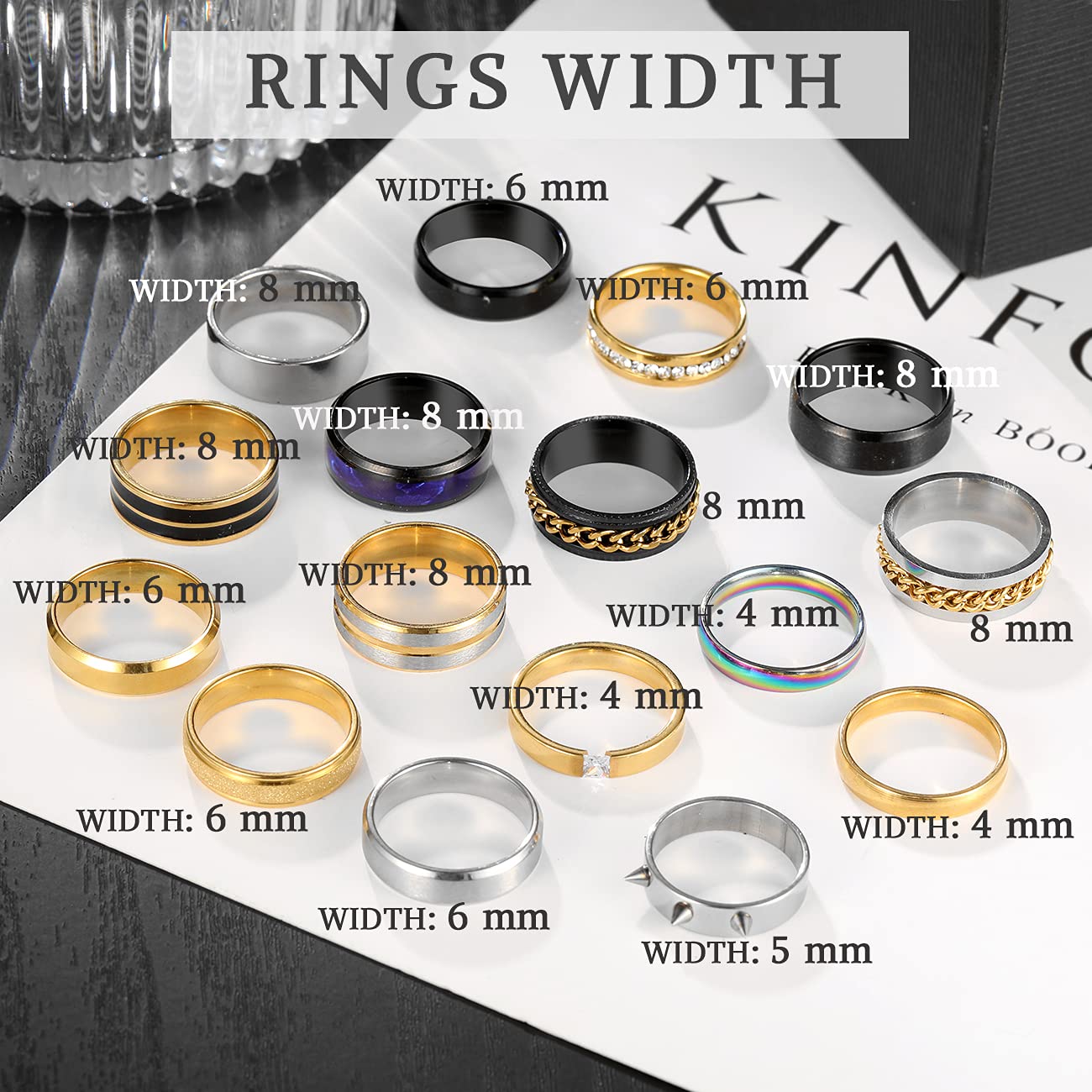 Simple Stainless Steel Band Rings for Women Men Size 7, Cool Silver Men's Ring Pack, Plain Black Wedding Pormise Band Ring Set Size 7