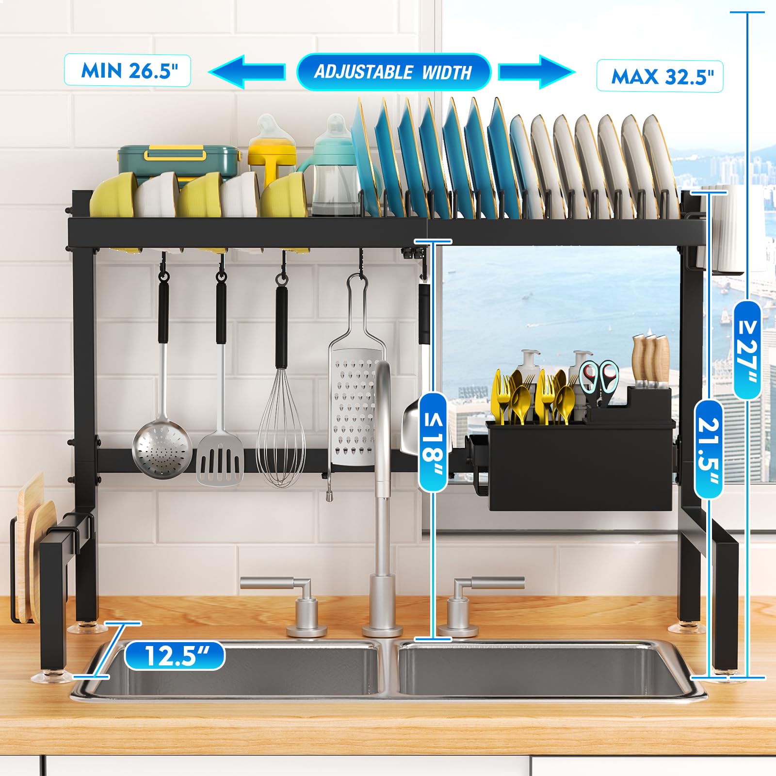 Over The Sink Dish Drying Rack【Thicker and More Sturdy】Kitchen Dish Drying Rack Space Saving, Over Sink Dish Drying Rack, Metal Drying Rack,26.5"-32.5"