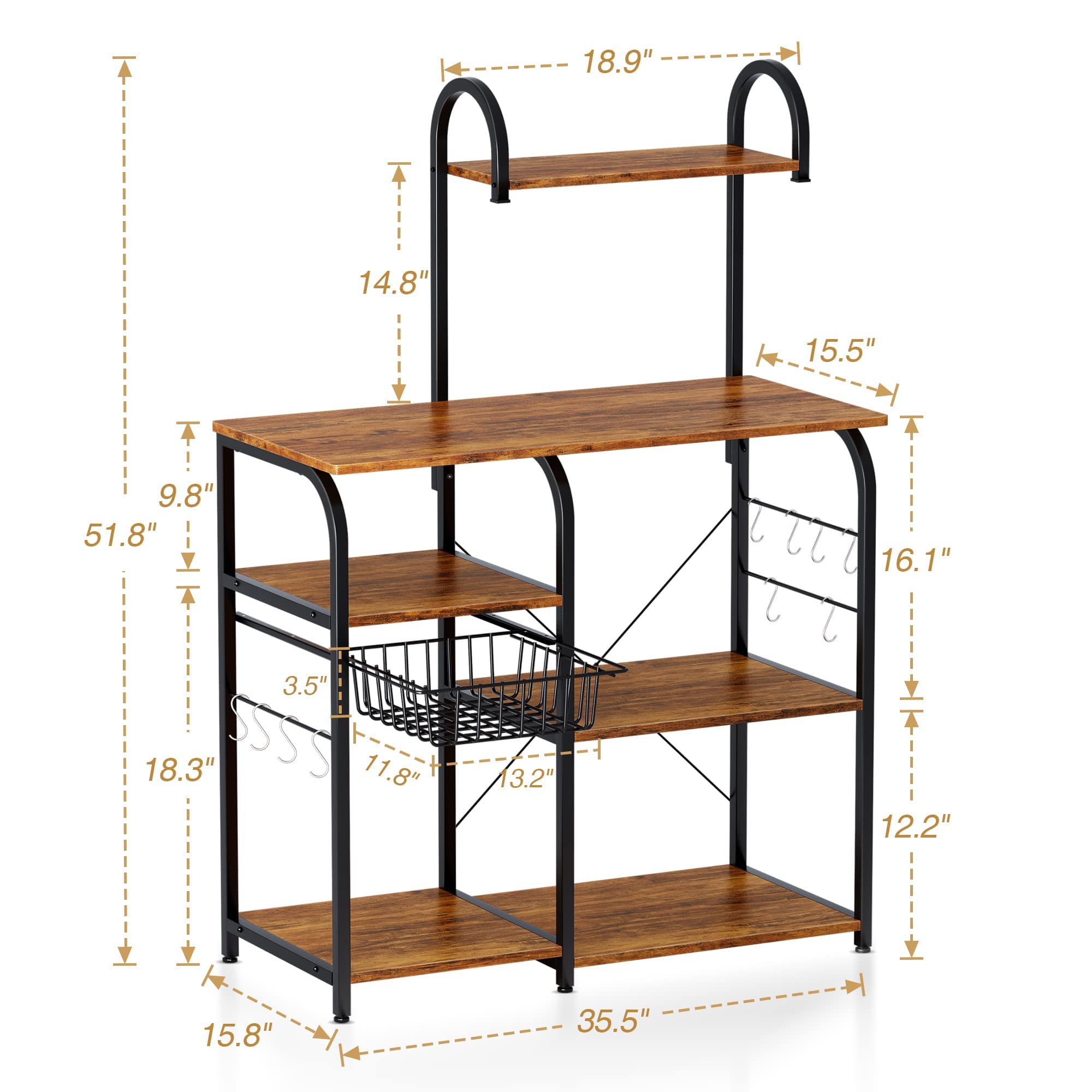 Mr IRONSTONE Bakers Rack Microwave Stand Kitchen 35.5" Microwave Cart 3-Tier+4-Tier Kitchen Shelves for Spice Organizer Coffee Station with 10 Hooks, Easy to Assemble (Vintage), 90 × 40 × 131 cm