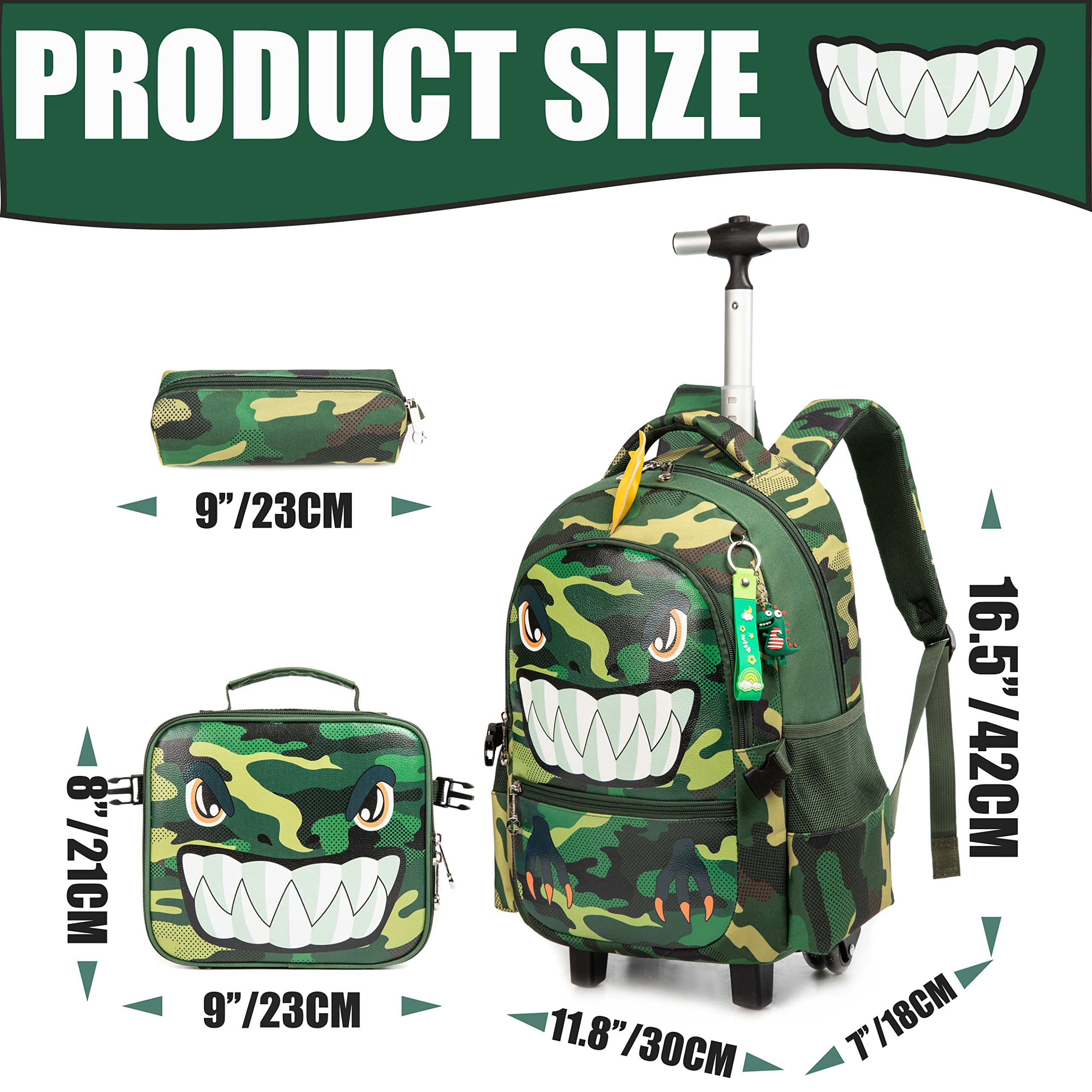 MYHSBYO Dinosaur Rolling Backpack Boys Kids Rolling Backpack with Wheels for Boys Wheeled Backpack Carry on Luggage Bookbag with Roller Set for Elementary