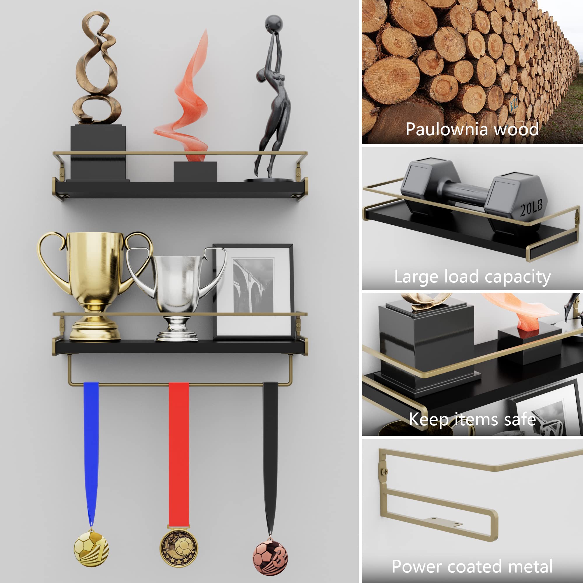 MZF Wall Decor Floating Shelves, Home Decor with Towel Bar/Hooks, Wall Shelves for Bathroom/Living Room/Kitchen/Bedroom, (Gold-Black) Floating Bathroom Shelves