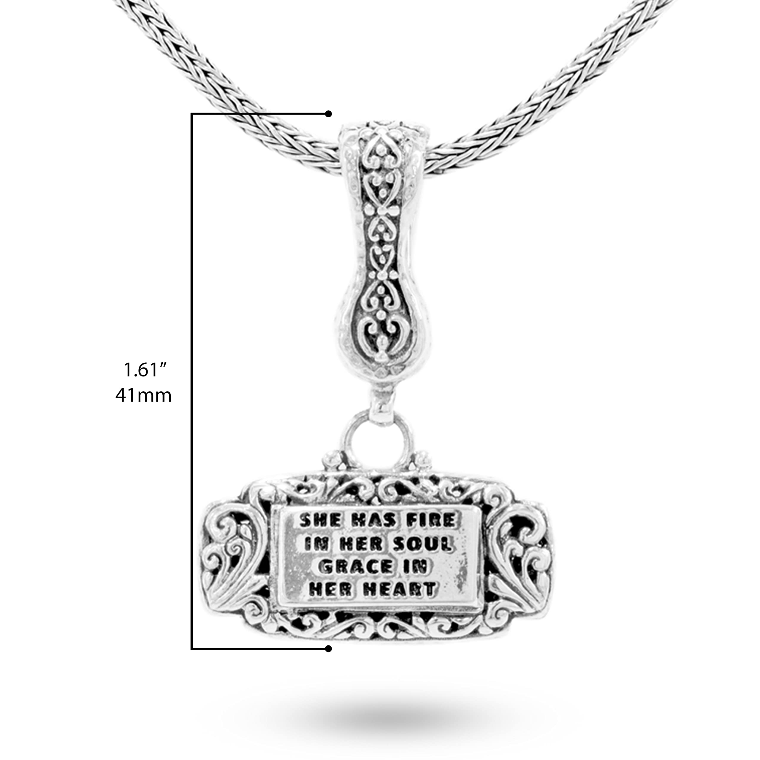 SARDA .925 Sterling Silver 1-5/8" x 1-1/8" "She Has Fire in Her Soul Grace in Her Heart" Filigree Rectangle Enhancer Pendant - Handmade by Bali Artisans