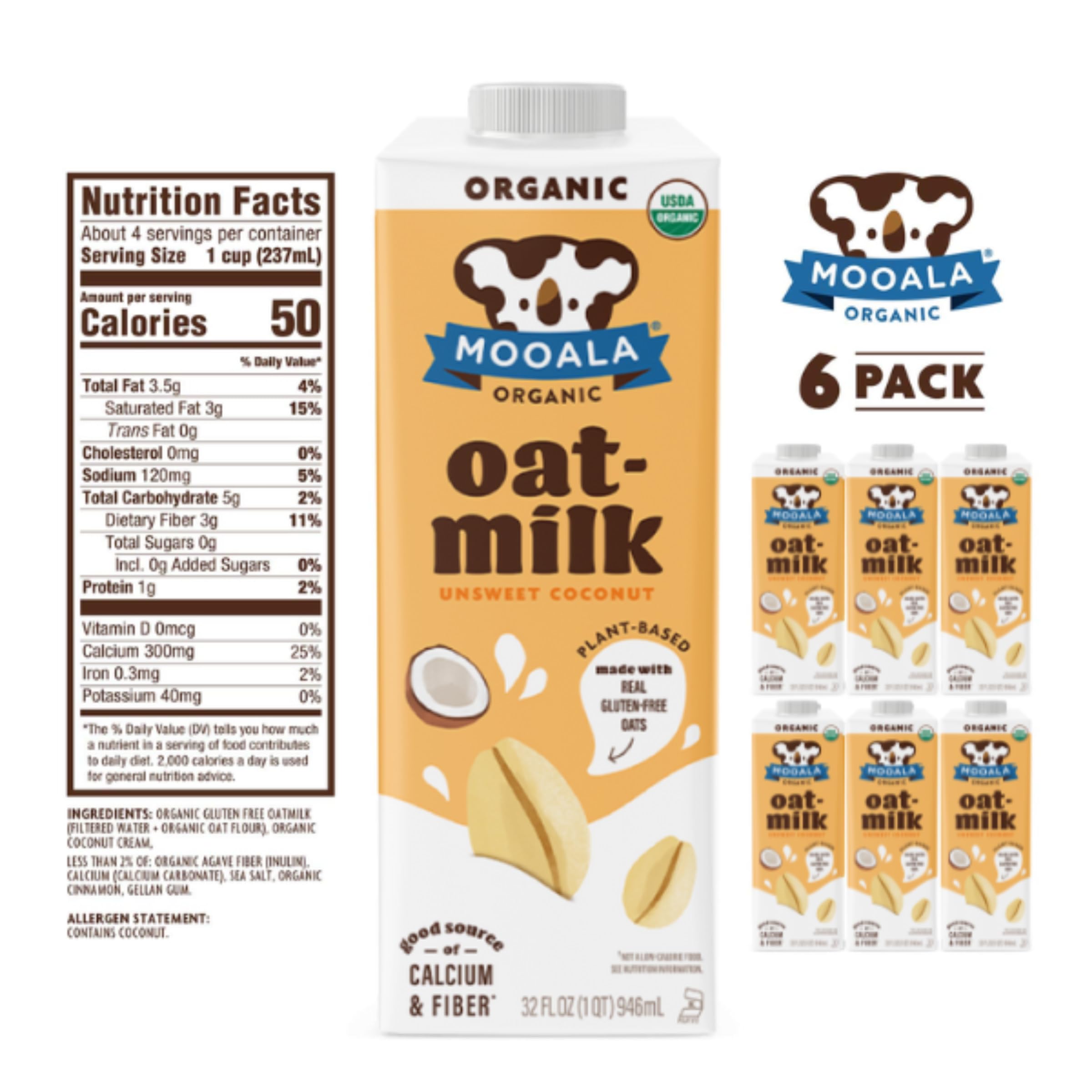 Mooala - Organic Coconut Oatmilk, Unsweetened 32oz (Pack of 6) - Shelf-Stable, Non-Dairy, Gluten-Free, Vegan & Plant-Based Beverage with No Added Sugar