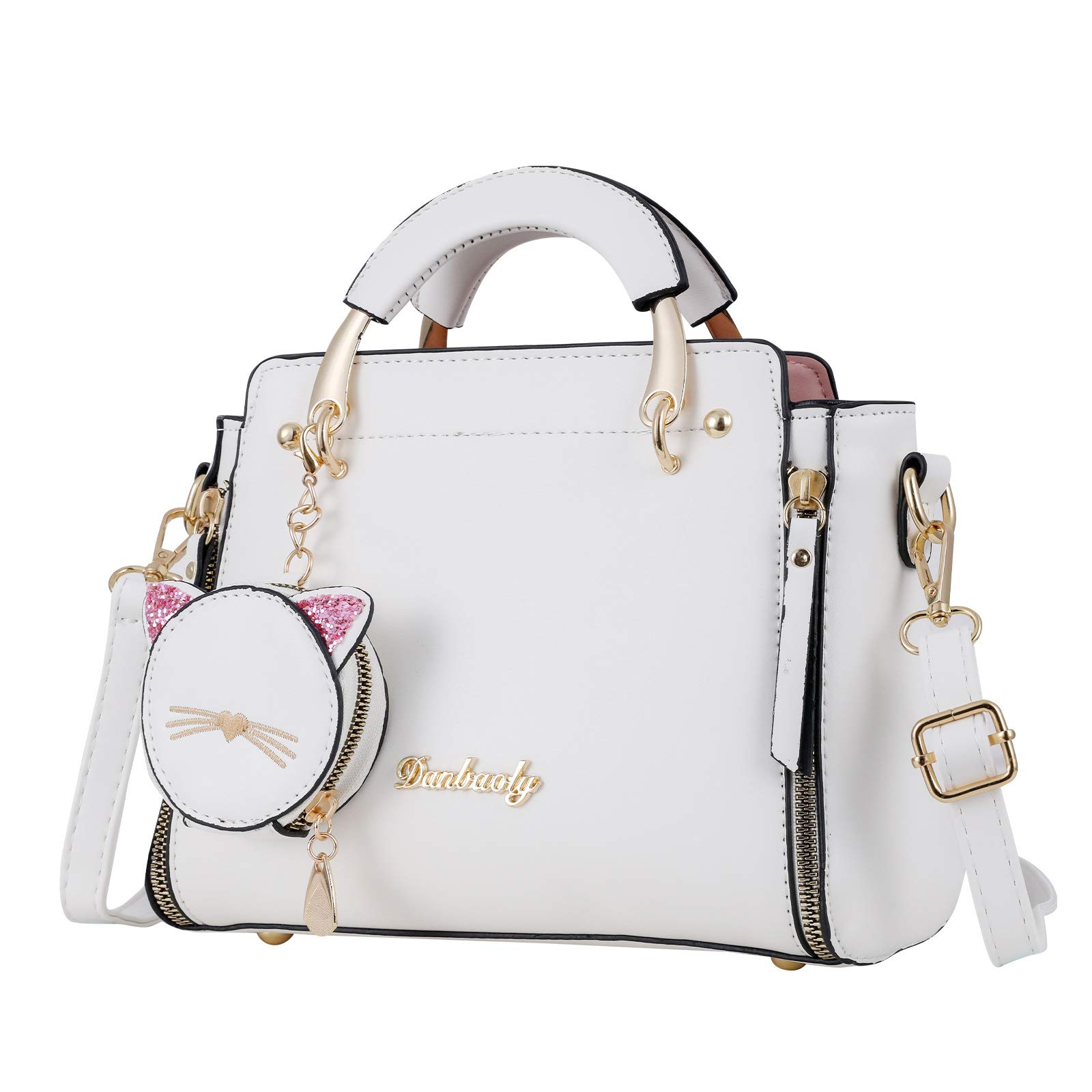Qiayime Women Fashion Handbag Purses Luxury Designer Crossbody PU Leather Satchel Shoulder Messenger Bags Tote Cat Purse (white)