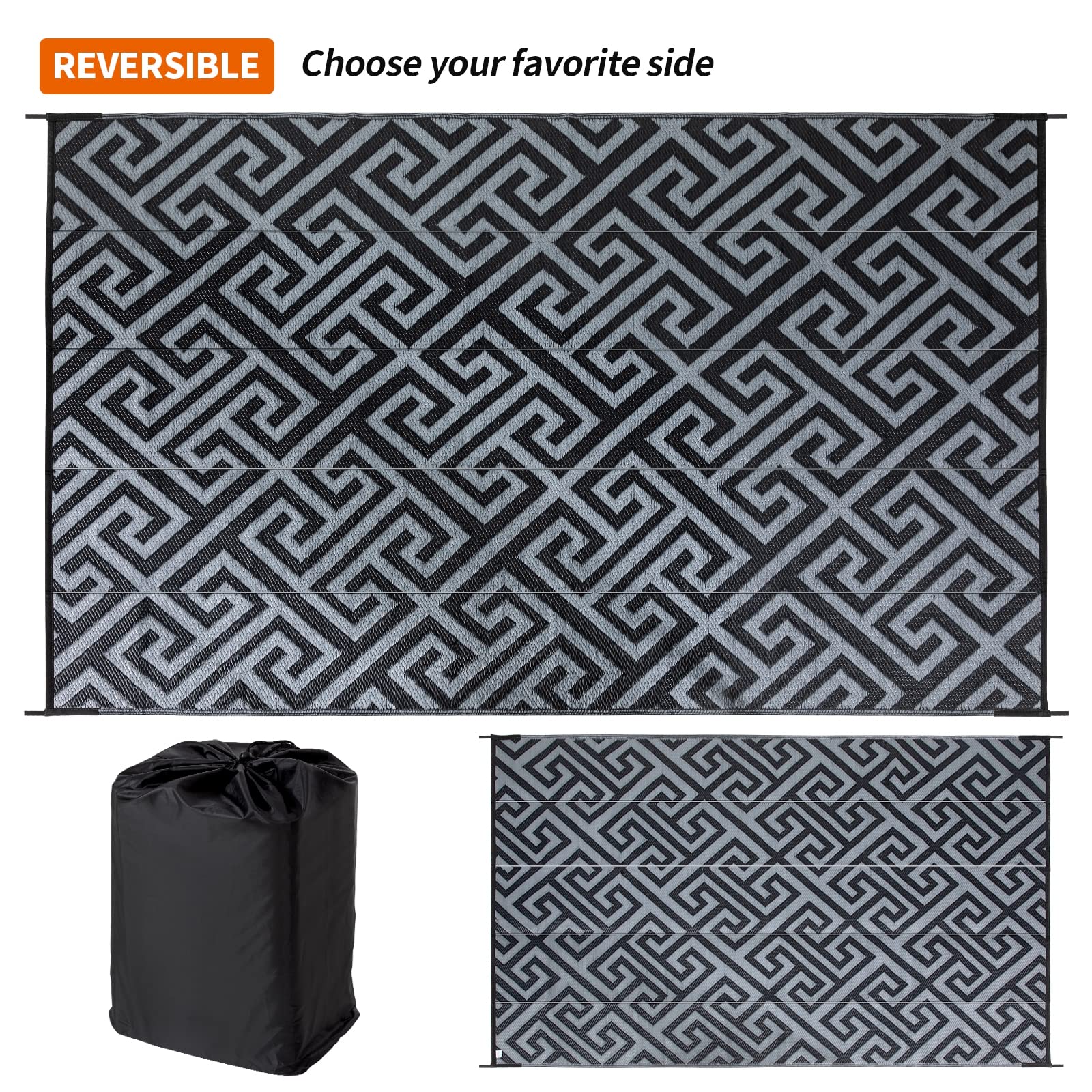 Mymytee Reversible Rugs Plastic Patio Area Rugs, 5x8FT Lightweight Outside I-Shaped Mats for Patio, Straw, RV Camping, Beach and Picnic (Black + Grey)