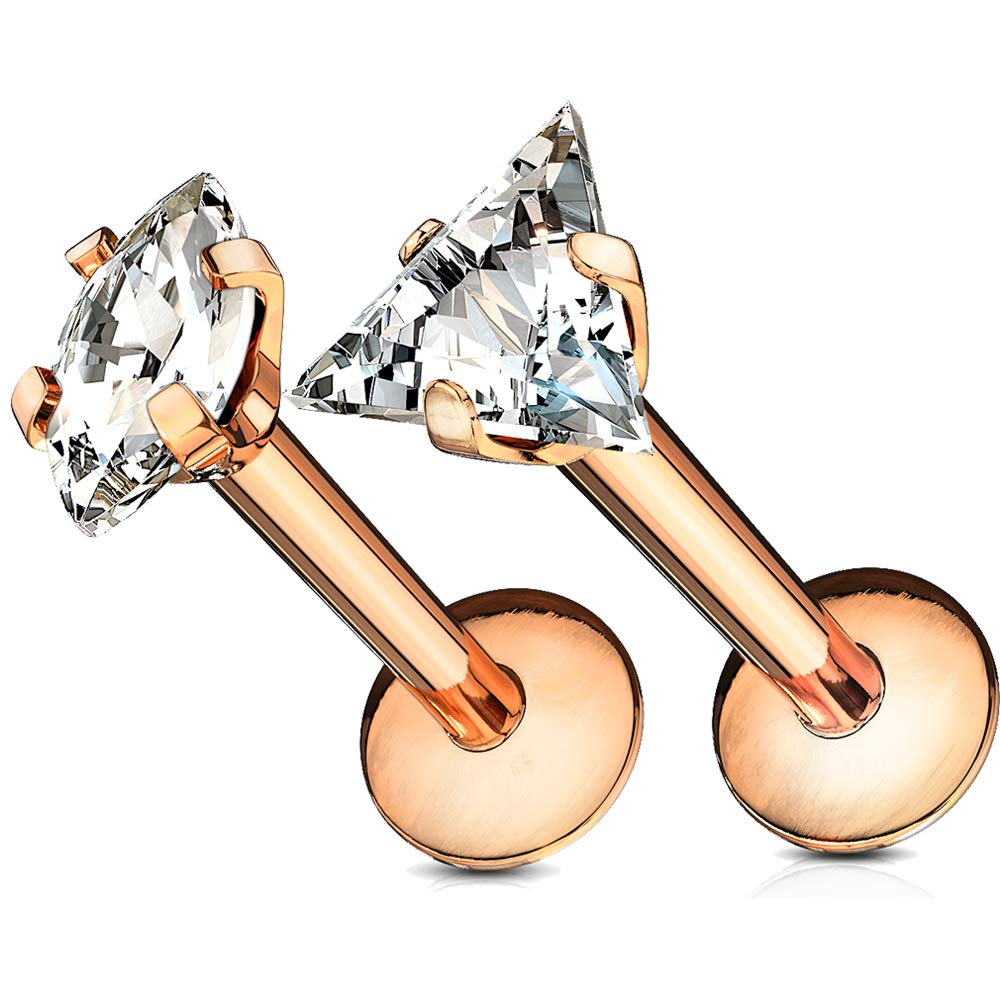 MoBody 2PCS Labret Piercing Studs Set 16G Crystal Clear CZ Internally Threaded Monroe Lip Ring Helix Earring (Rose Gold-Tone - 6mm)