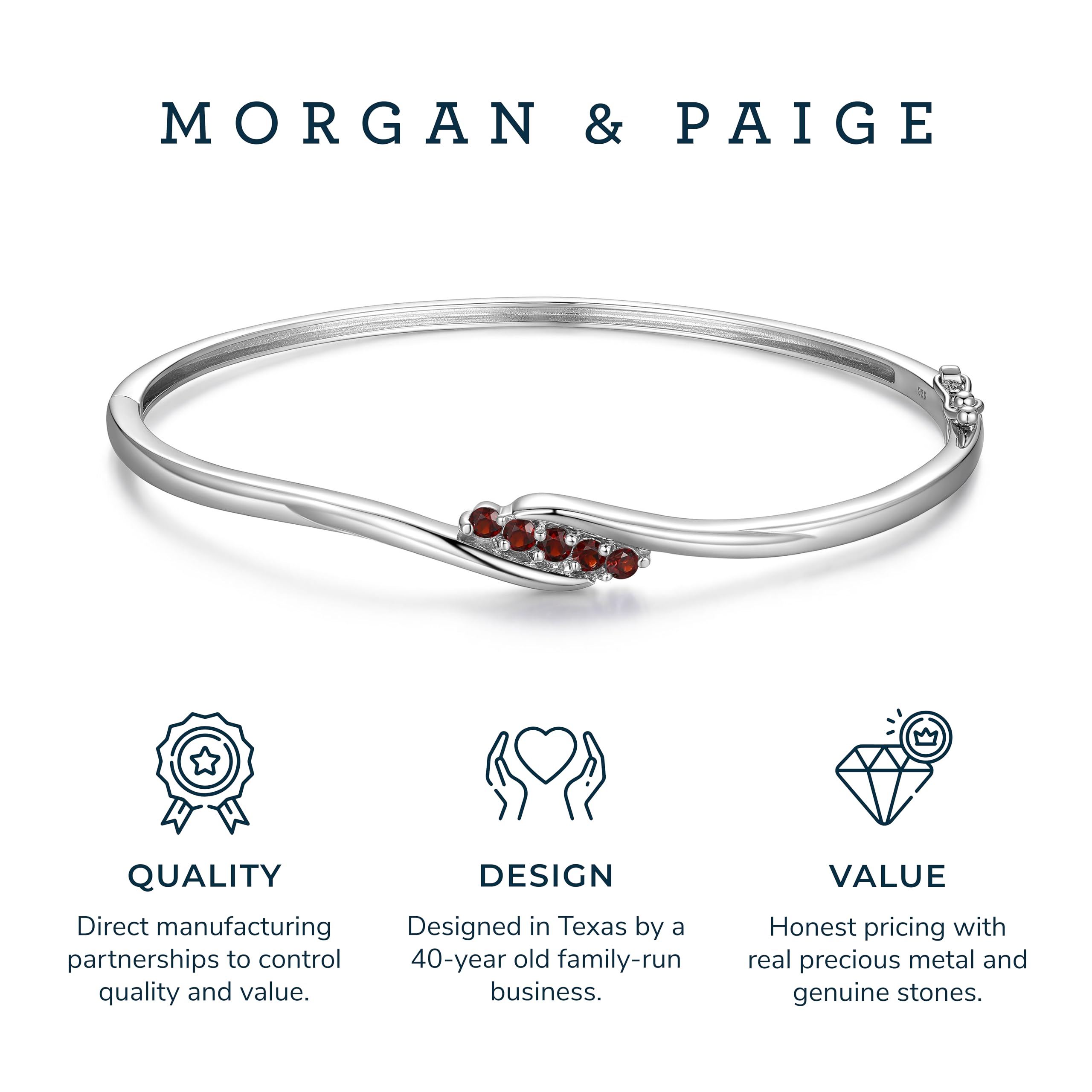 MORGAN & PAIGE .925 Sterling Silver Genuine Aquamarine 5-Stone Diagonal Bypass-Set 7" Bangle Bracelet