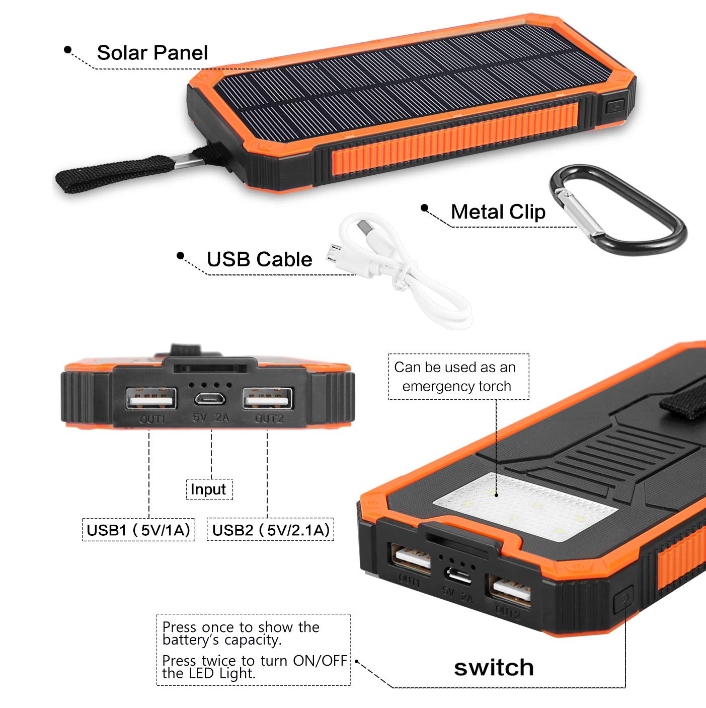 Solar Charger Power Bank, 15,000mAh External Battery Pack with Dual USB Ports and 6 LED Strong Light Flashlight,for iPhone, Smartphones, Tablets, Digital Cameras and More.