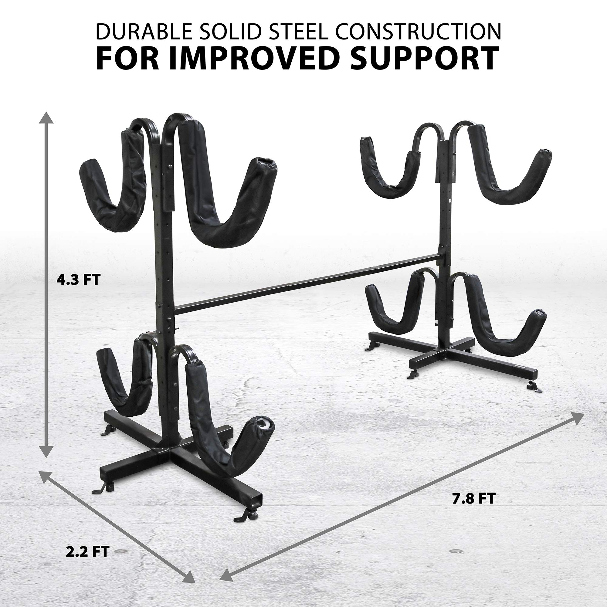 RaxGo Freestanding kayak Rack for 4, Heavy Duty Floor Storage Holder for Four-Kayak, SUP, Canoe & Paddleboard for Indoor, Outdoor, Garage, Shed, or Dock, Adjustable Height