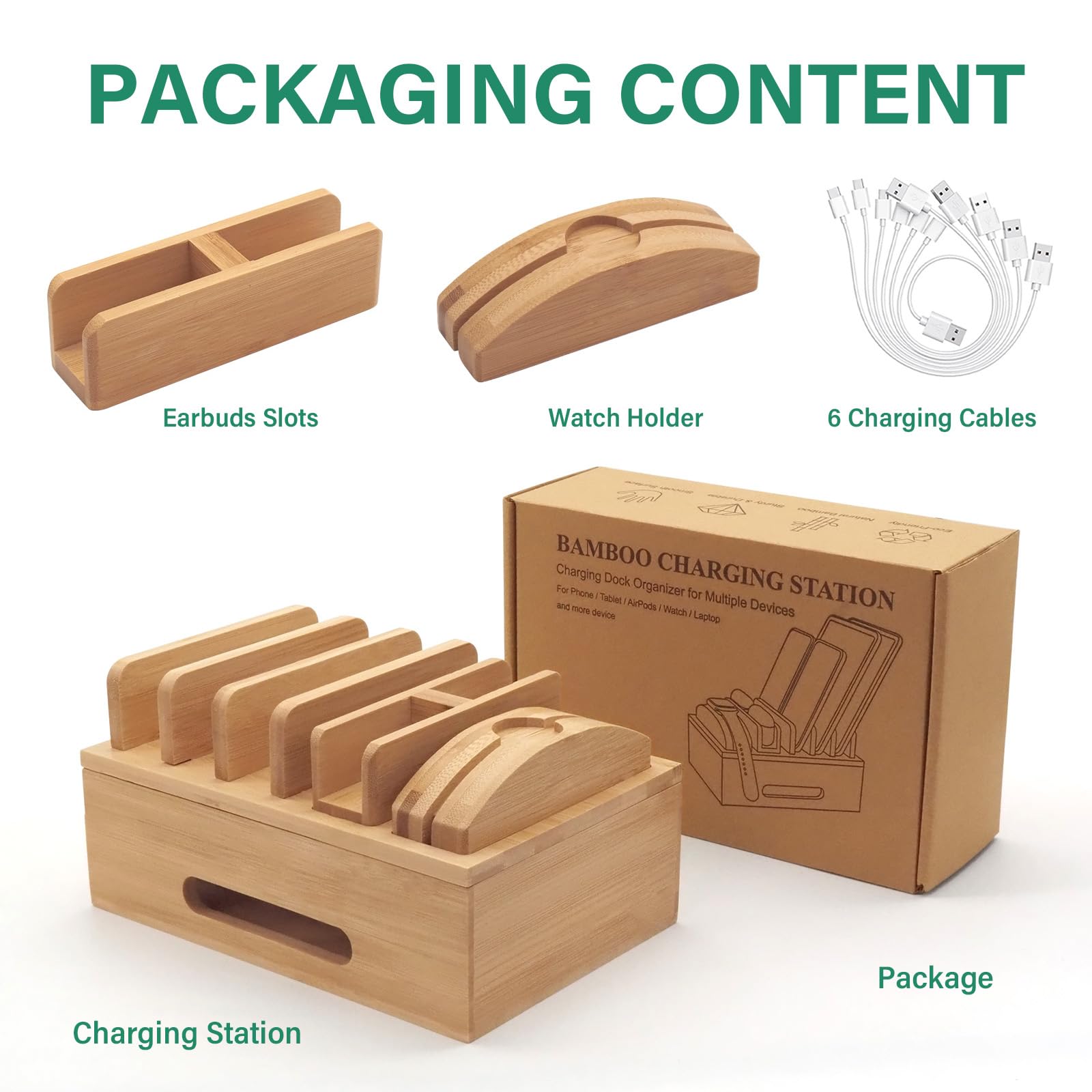 Myndekly Bamboo Charging Station Organizer for Multiple Devices, Desktop Docking Station for Cell Phones, Tablets, SmartWatch&Earbuds Stand (Includes 6 Cables) (No Power Supply)
