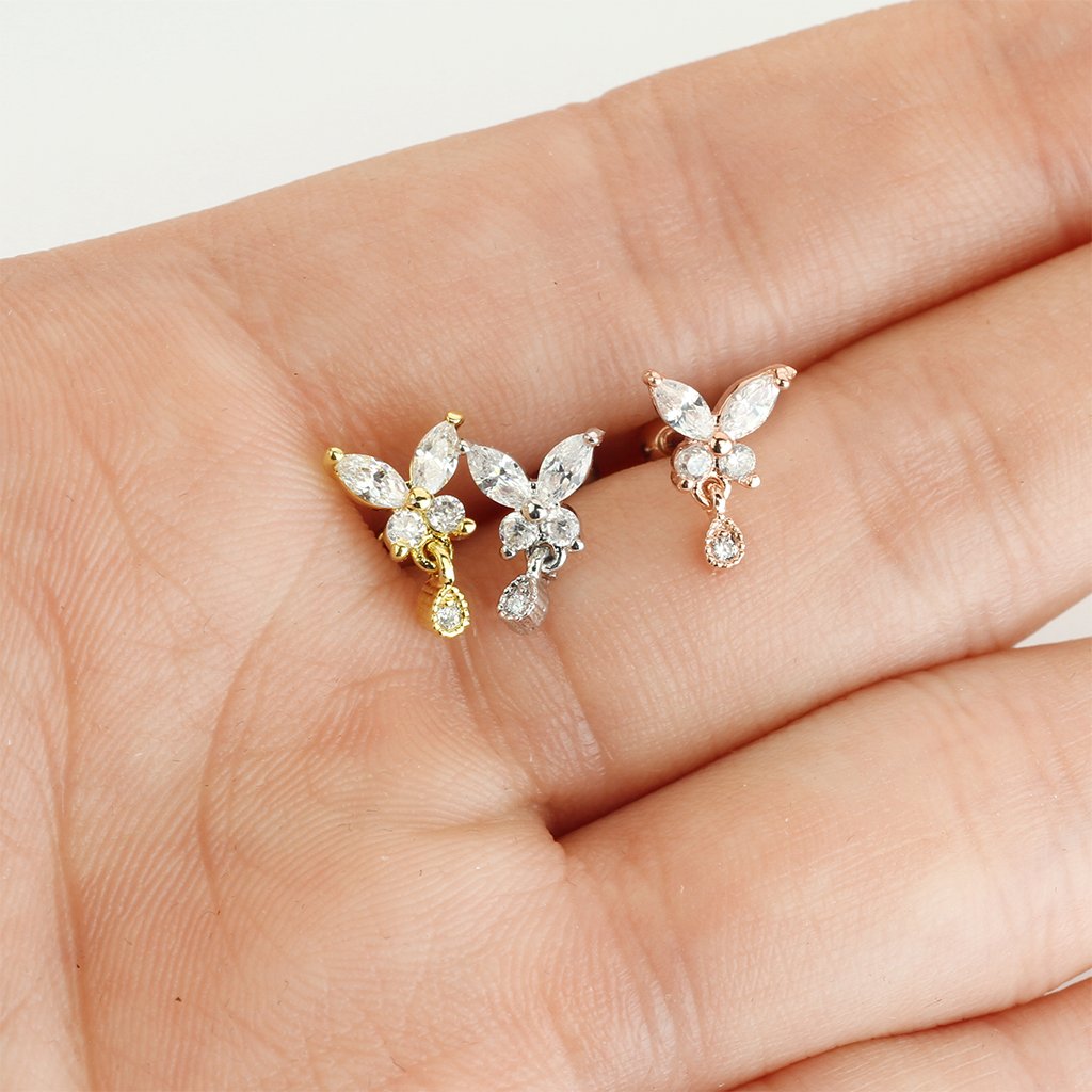 MoBody Clear CZ Jeweled Butterfly Tragus Earring Surgical Steel Dangle Cartilage Helix Piercing Stud 16G (Silver-Tone)
