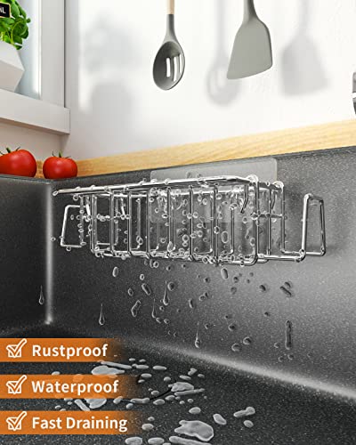 SWTYMIKI 5 in 1 Sink Sponge Holder for Kitchen, Stainless Steel Sink Caddy with Dishcloth Holder for Brush & Sponge in Kitchen Sink Sponge Organizer with 2 Strong Adhesives in Black