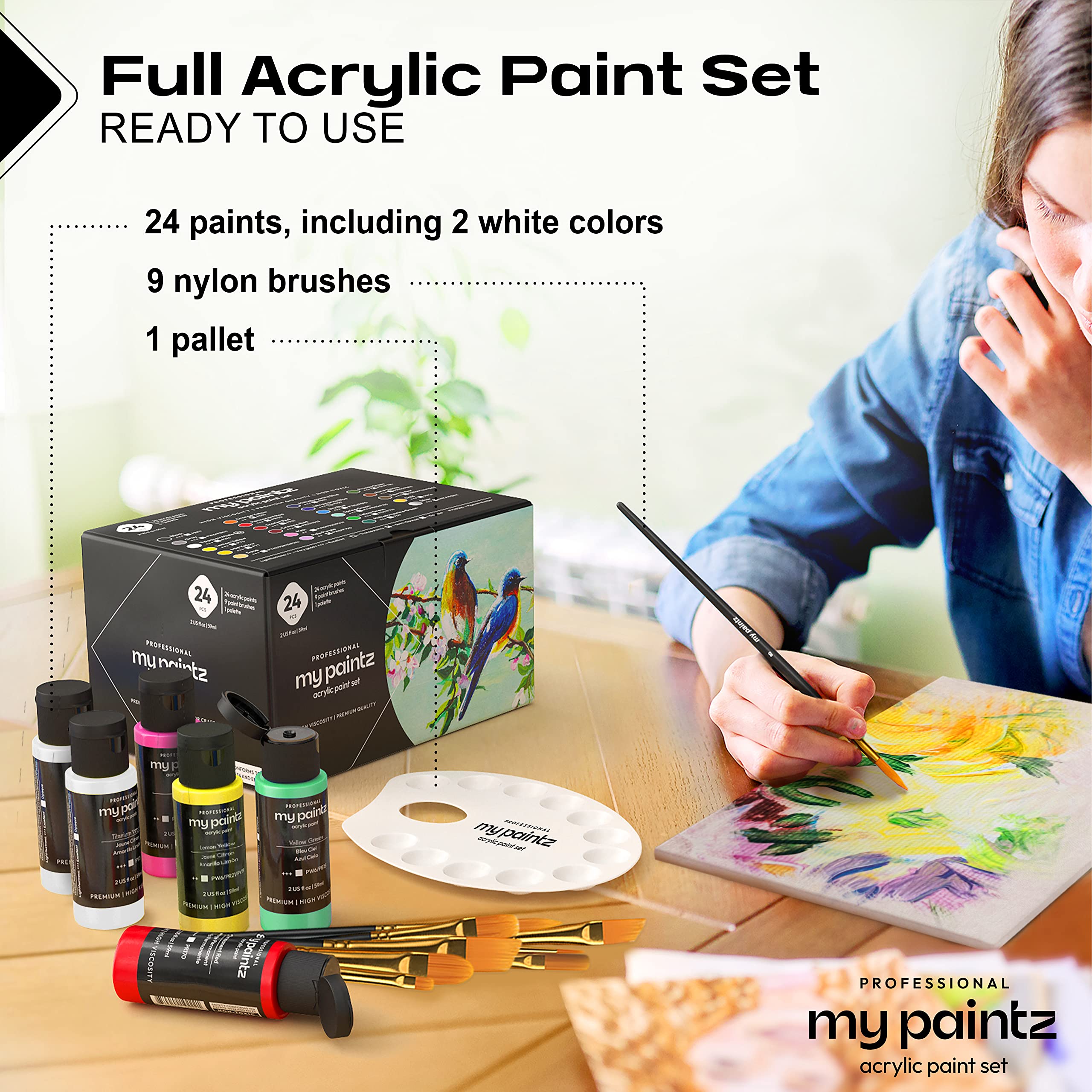 mypaintz Heavy Body Acrylic Paint Set - 24 Colors with 9 Brushes and Pallet - Professional Acrylic Paint Kit (2oz/59ml) - Art Paint - 2 Whites - Thick Paint