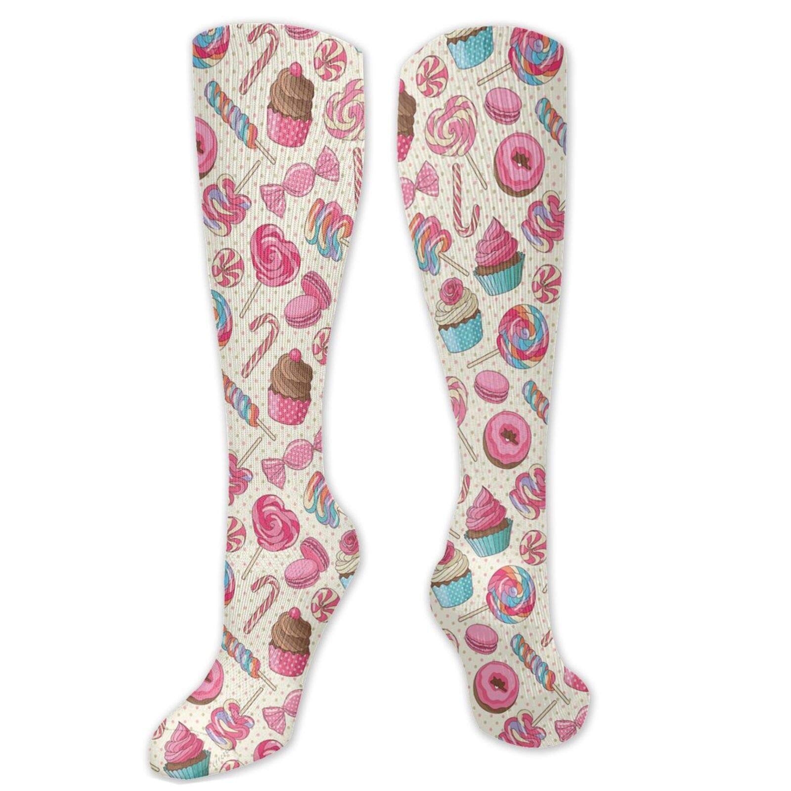 SARNFANS Candy Cane Fashion Compression Socks,Yummy Sweet Lollipop Candy Macaroon Cupcake And Donut Performance Polyester Cushioned Athletic Crew Socks for Running,Athletic,Multicolor- 19.8 inch