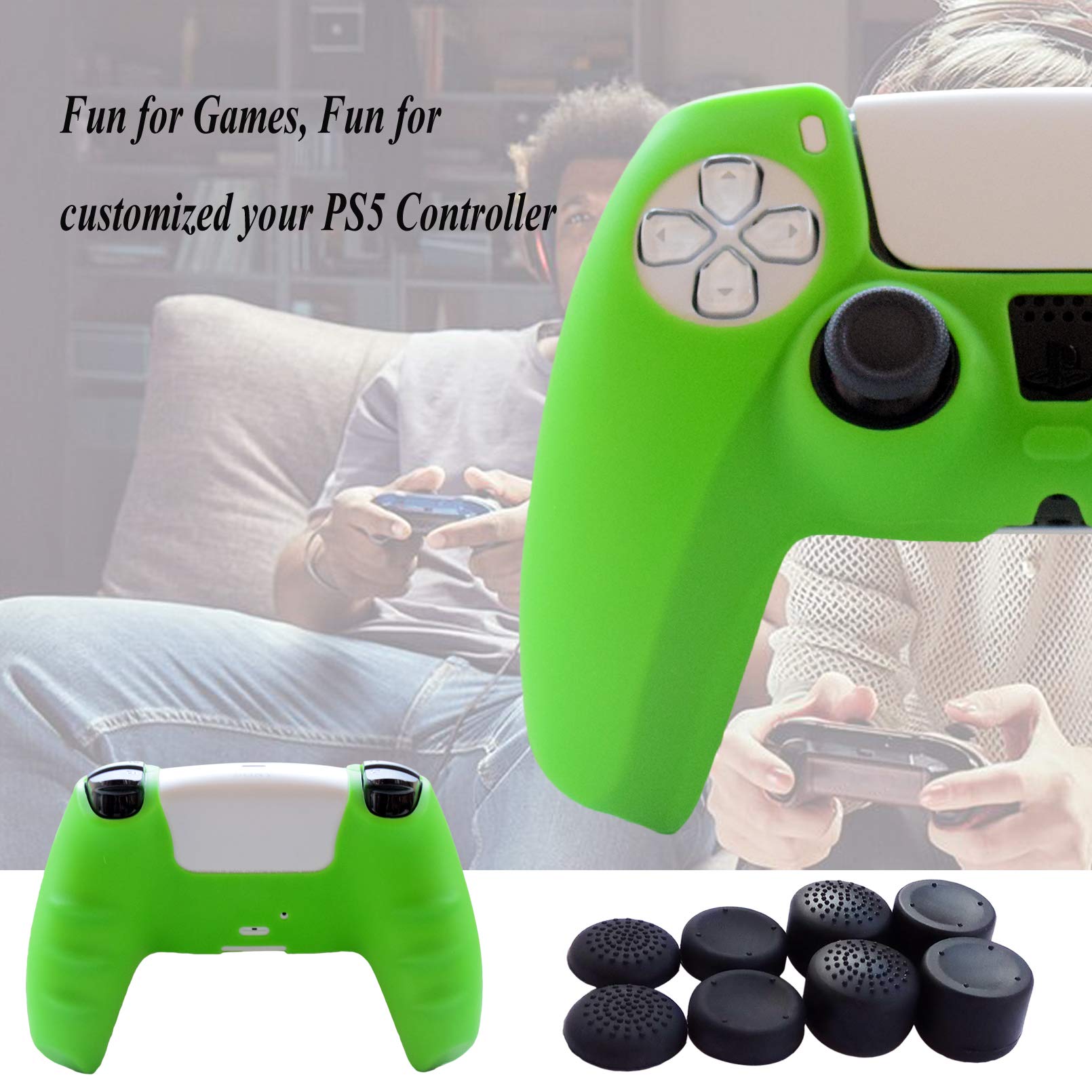 PS5 Controller Skin,Hikfly Silicone Cover for PS5 Grips PlayStation 5 Controller Cover Protector Sleeve Kits Video Games with FPS Pro Thumb Grips Caps(Green)