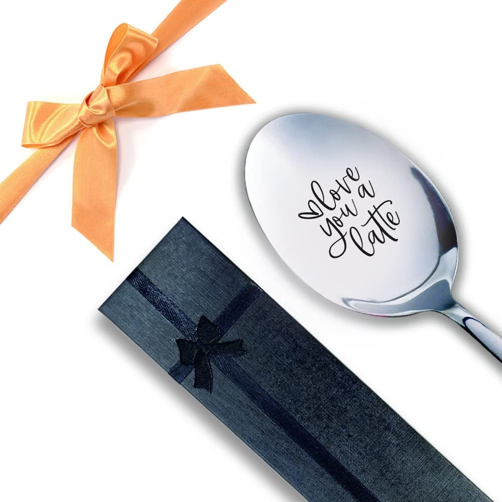 TyM Love you a latte Engraved Stainless Steel spoon for coffee tea cereal ice cream - Engraved gift for him/her - 7 inch Sturdy handle and food safe engraving