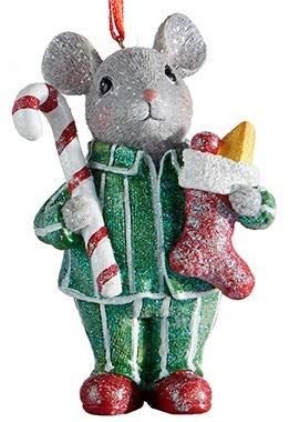 OnHoliday Glitter Mouse in Pajamas Holding Stocking Christmas Tree Ornament