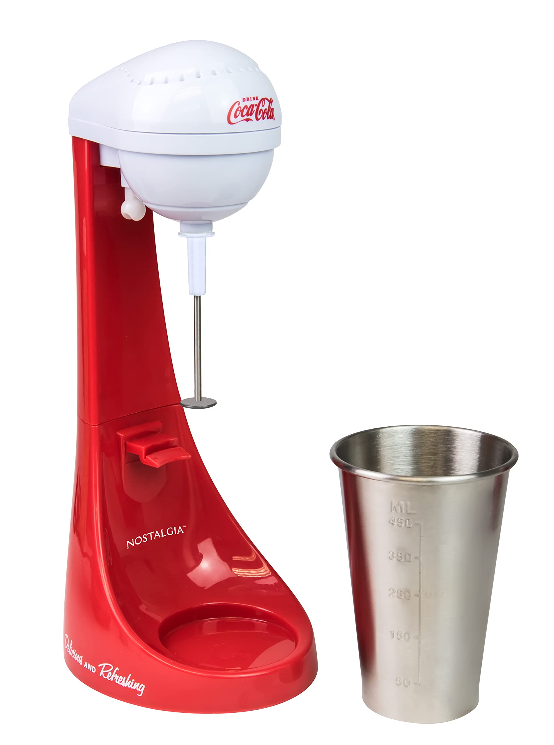 Nostalgia Extra Large Diner-Style Coca-Cola Hot Dog Steamer and Bun Warmer (24 Hot Dog and 12 Bun Capacity) and Nostalgia Two-Speed Electric Coca-Cola Limited Edition Milkshake Maker and Drink Mixer