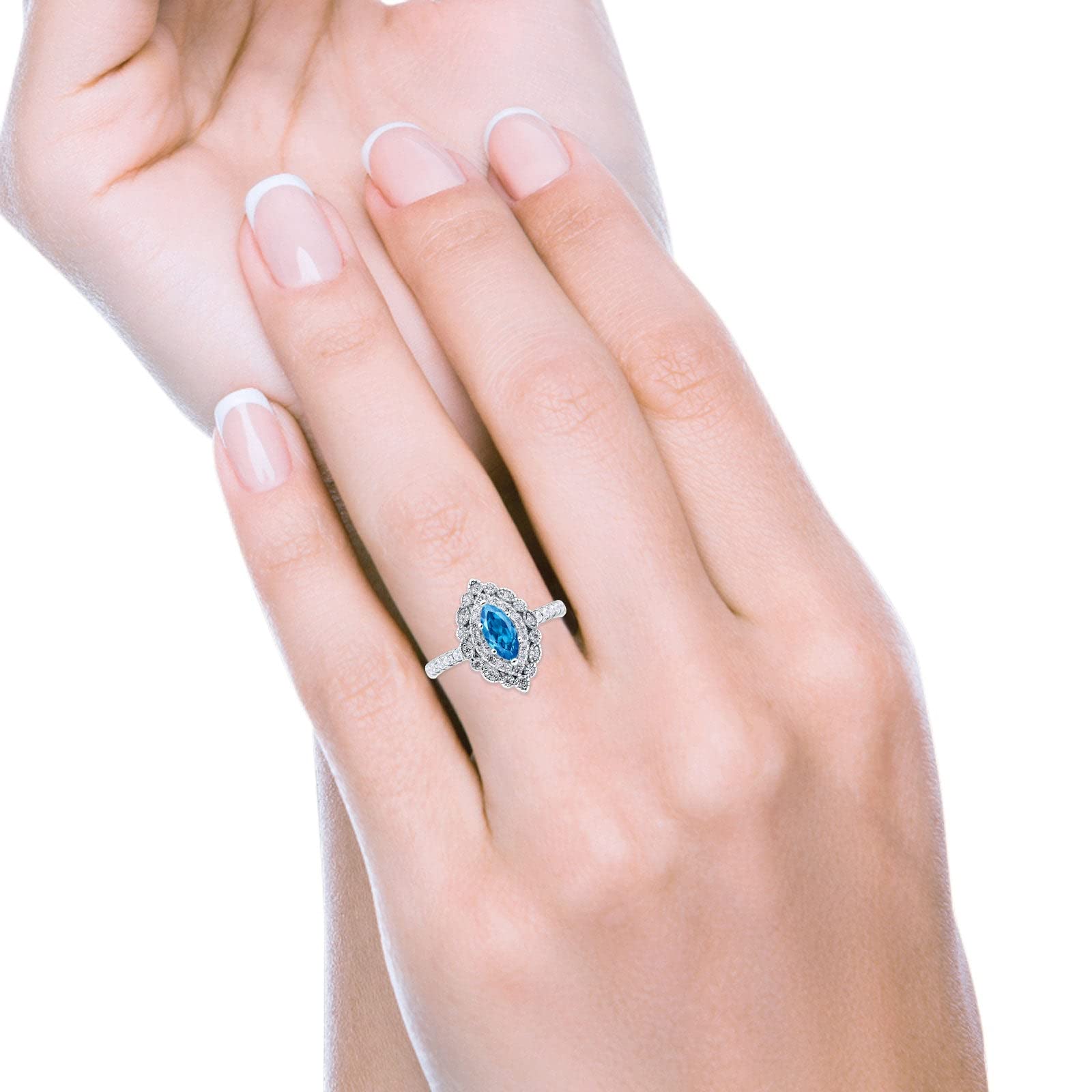 Simulated Blue Topaz CZ Size-7 Halo Vintage Style Art Deco Solitaire Accent Marquise Wedding Engagement Ring Round CZ 925 Sterling Silver